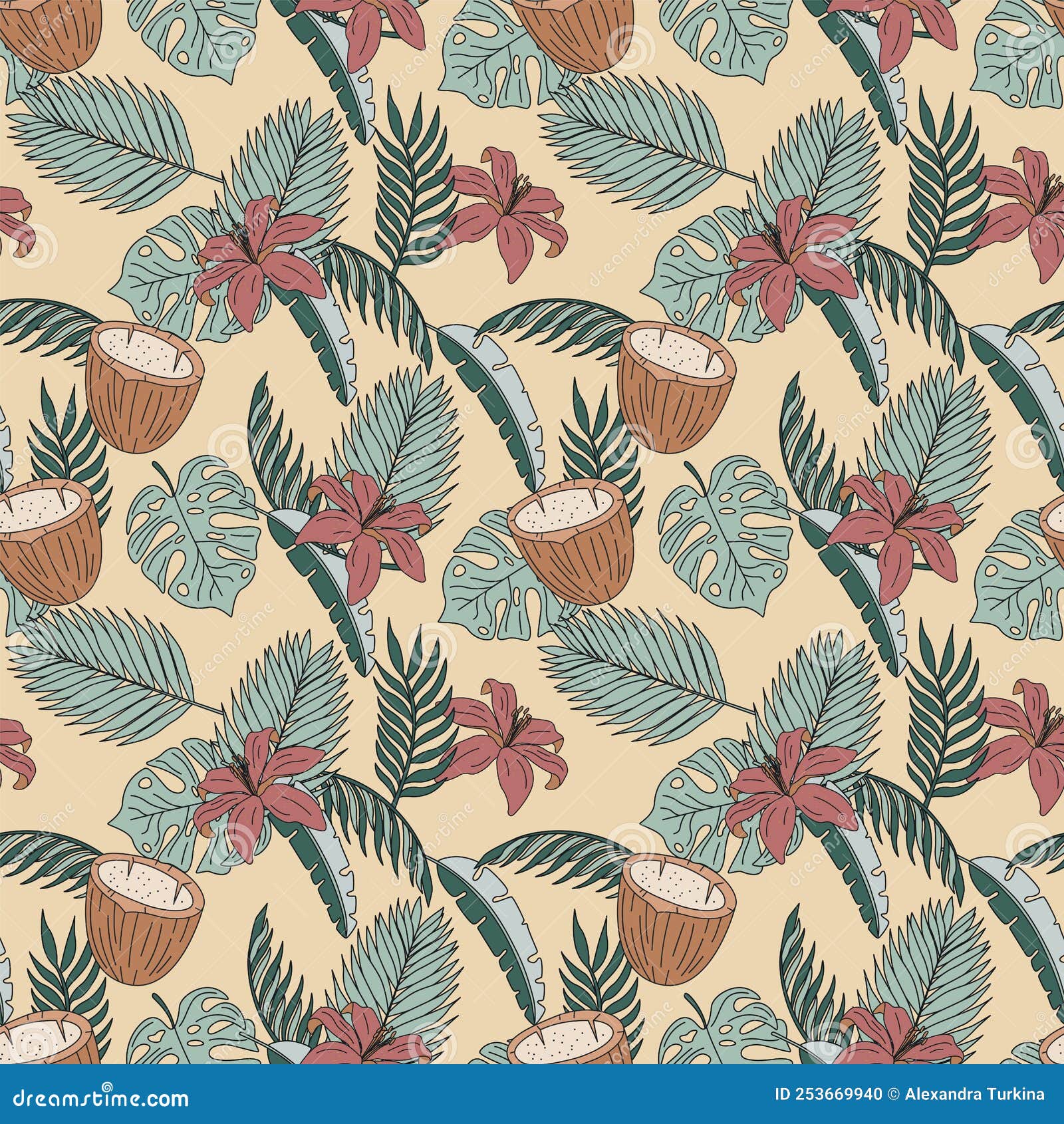 Seamless Pattern with Tropical Leaves, Coconut and Flowers. Flat Vector ...