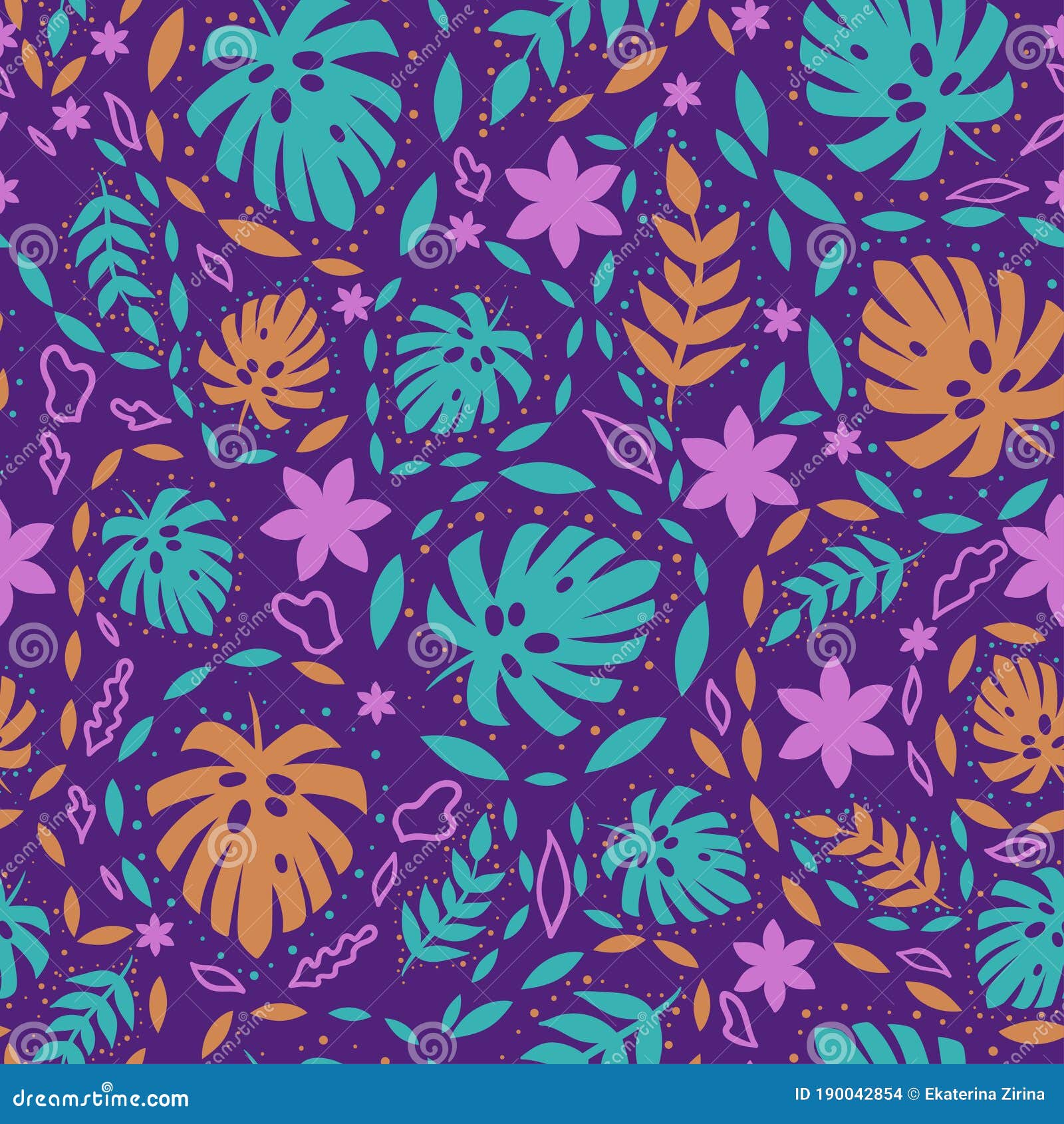 Seamless Pattern with Tropical Leaves on a Purple Background. Vector ...