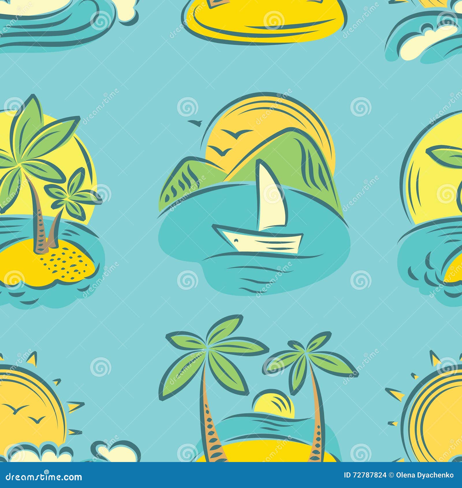 Seamless Pattern with Tropical Paradise Islands and Palms Stock Vector ...