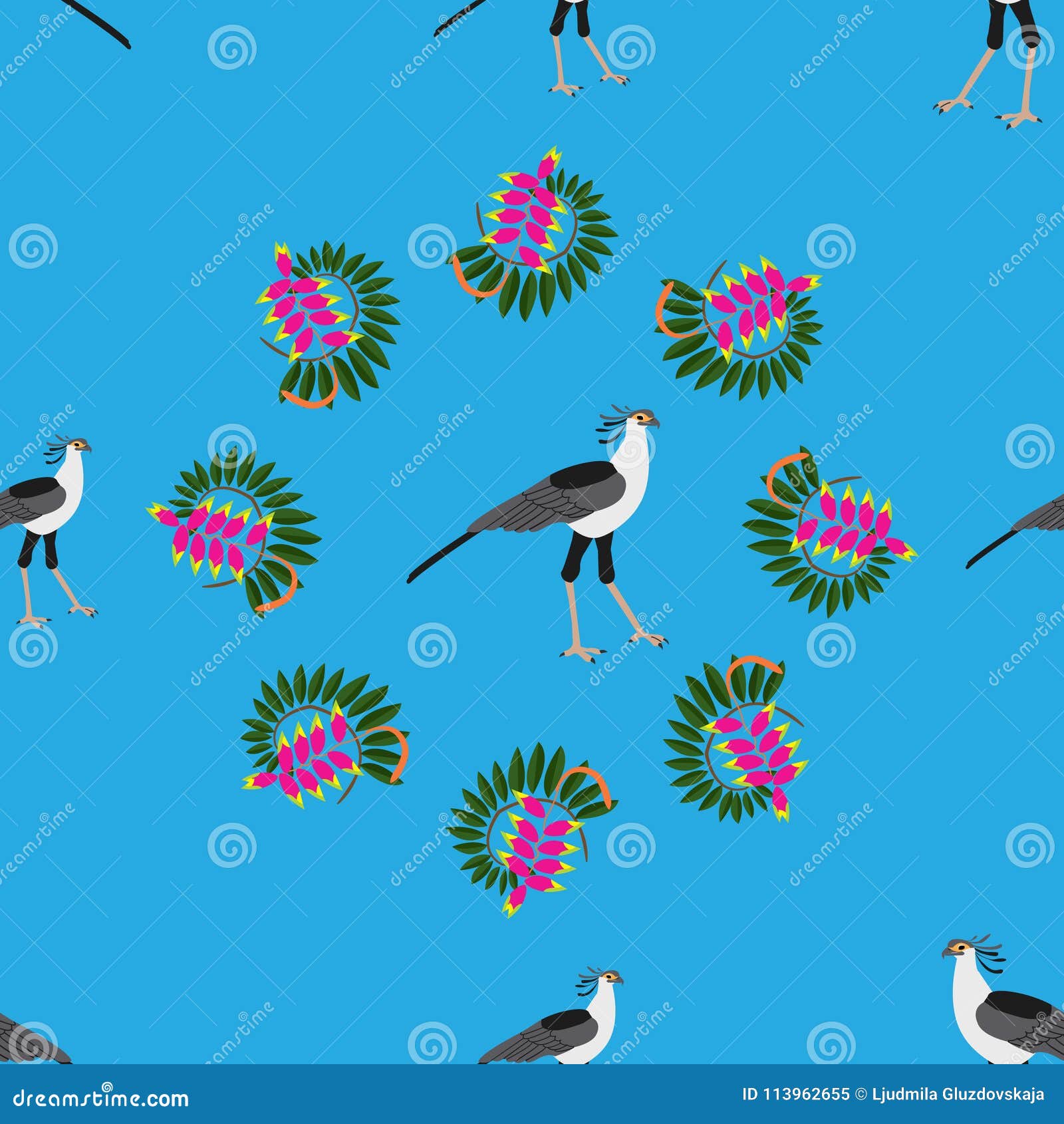 Seamless Pattern. Tropical Sheets, Exotic African Birds and Flow Stock ...