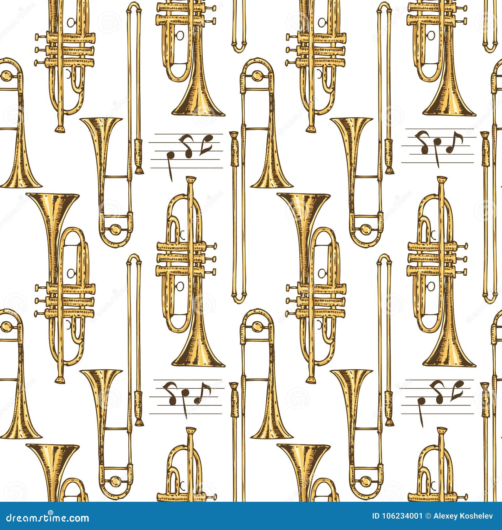 Seamless Pattern. Trumpets, Trombones and Notes Stock Illustration ...