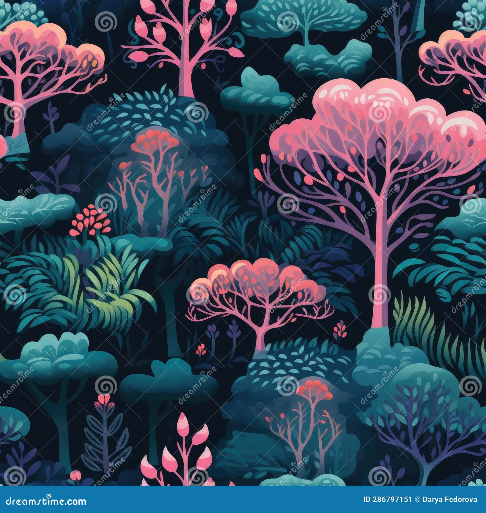 Seamless Pattern of Turquoise and Pink Fantasy Trees Stock Illustration ...