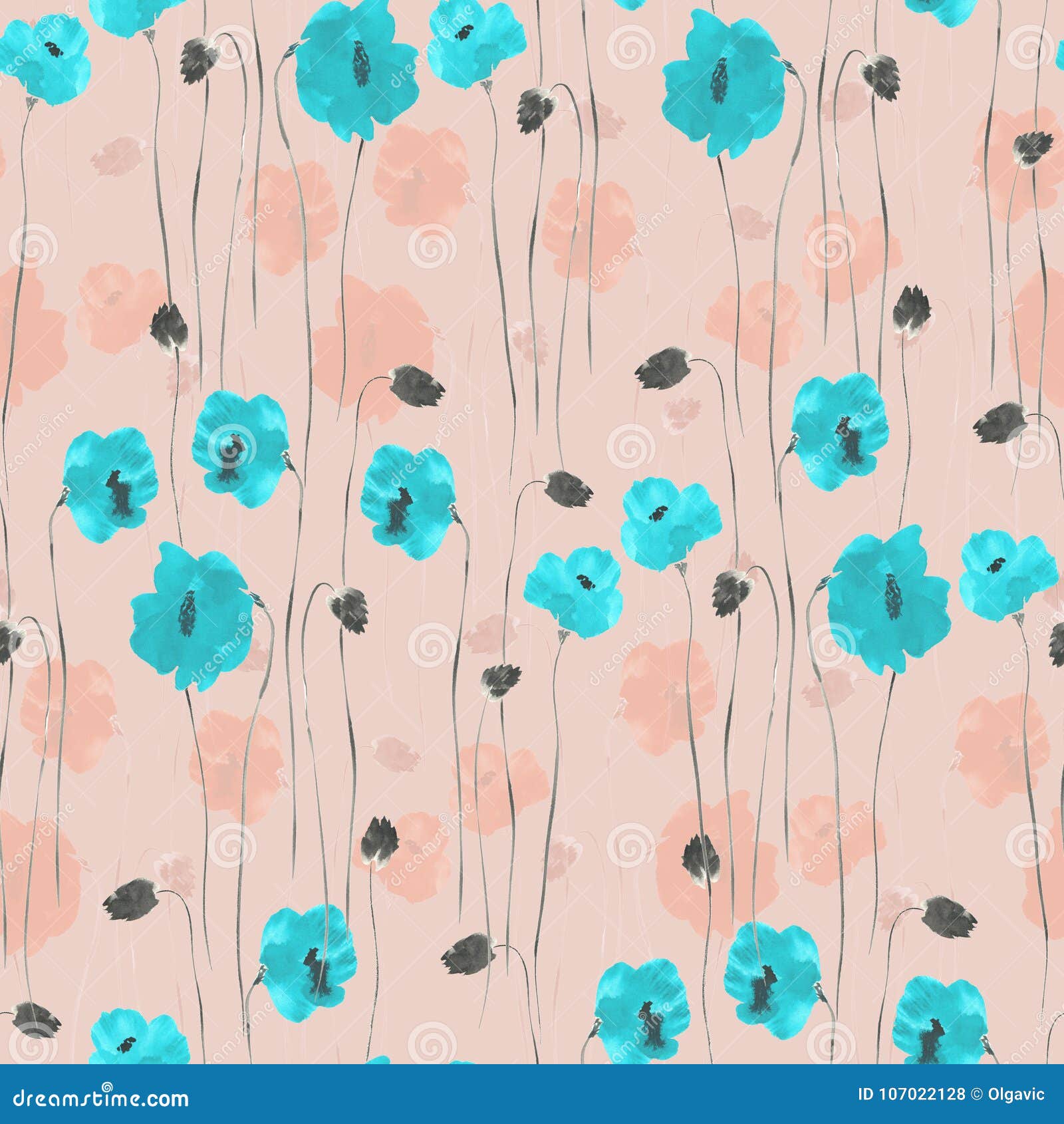 Seamless Pattern of Turquoise and Pink Flowers on a Pink Background ...