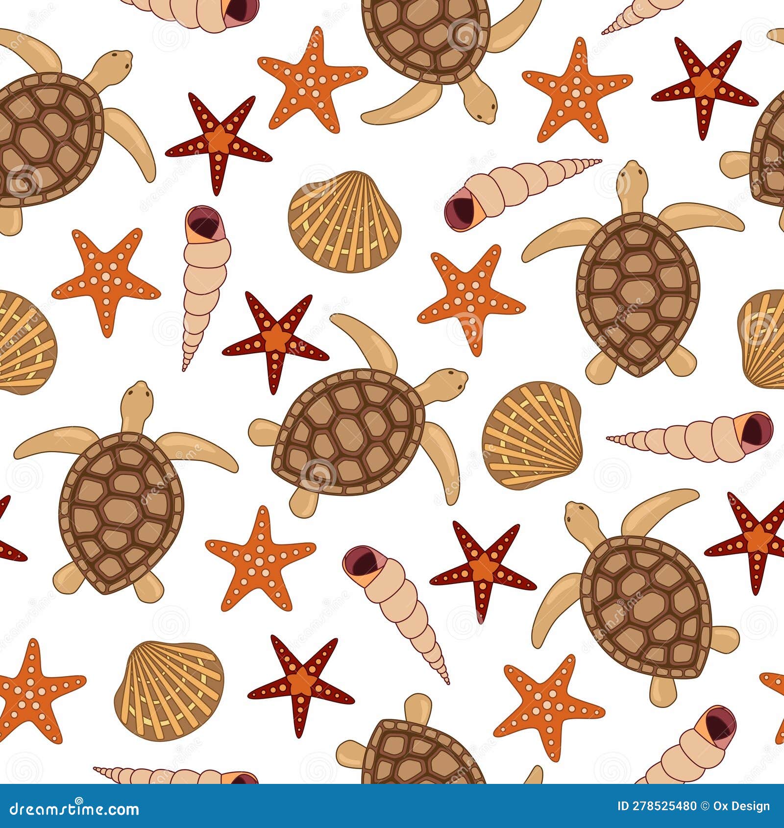 Seamless Pattern with Turtles and Seastars and Shells. Animal World ...