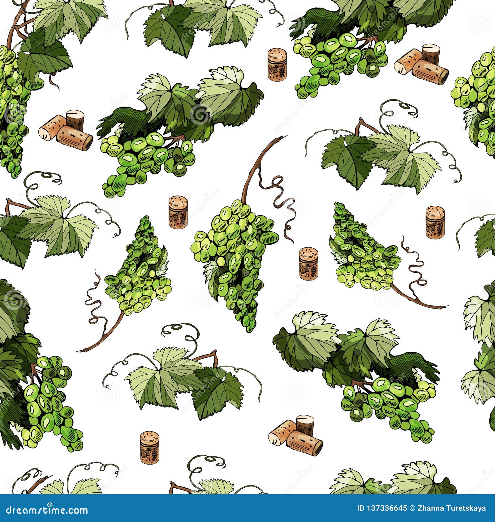 Seamless Pattern with Twig of Green Grape, Leaves and Corks Isolated on ...