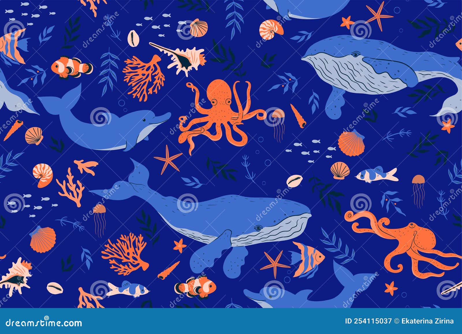 Seamless Pattern with Underwater Marine Animals. Vector Graphics Stock Vector - Illustration of ...