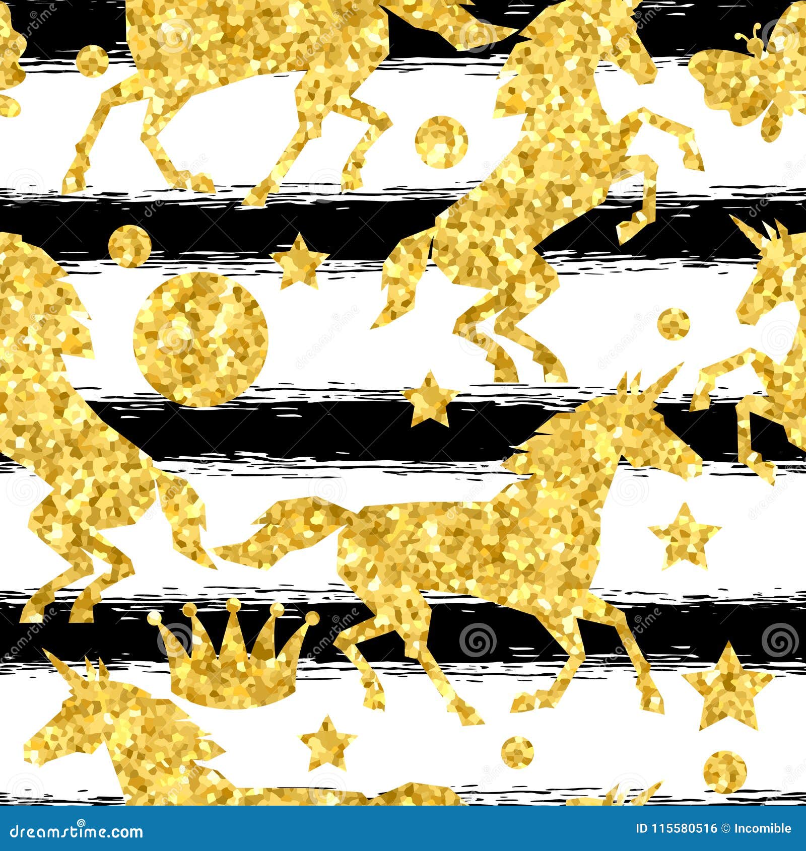 Seamless Pattern with Unicorns and Gold Glitter Texture Stock Vector ...