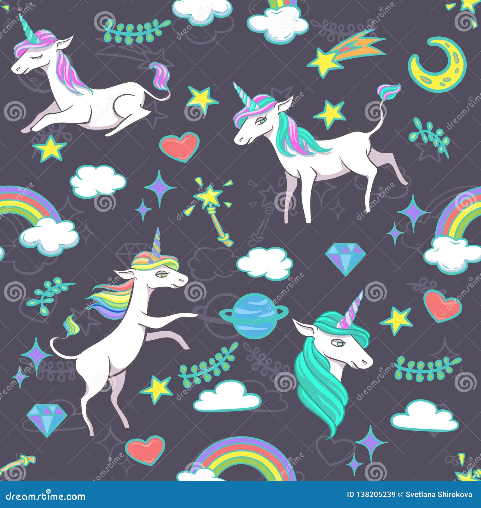 Seamless Pattern with Unicorns and Magic Elements Stock Vector ...