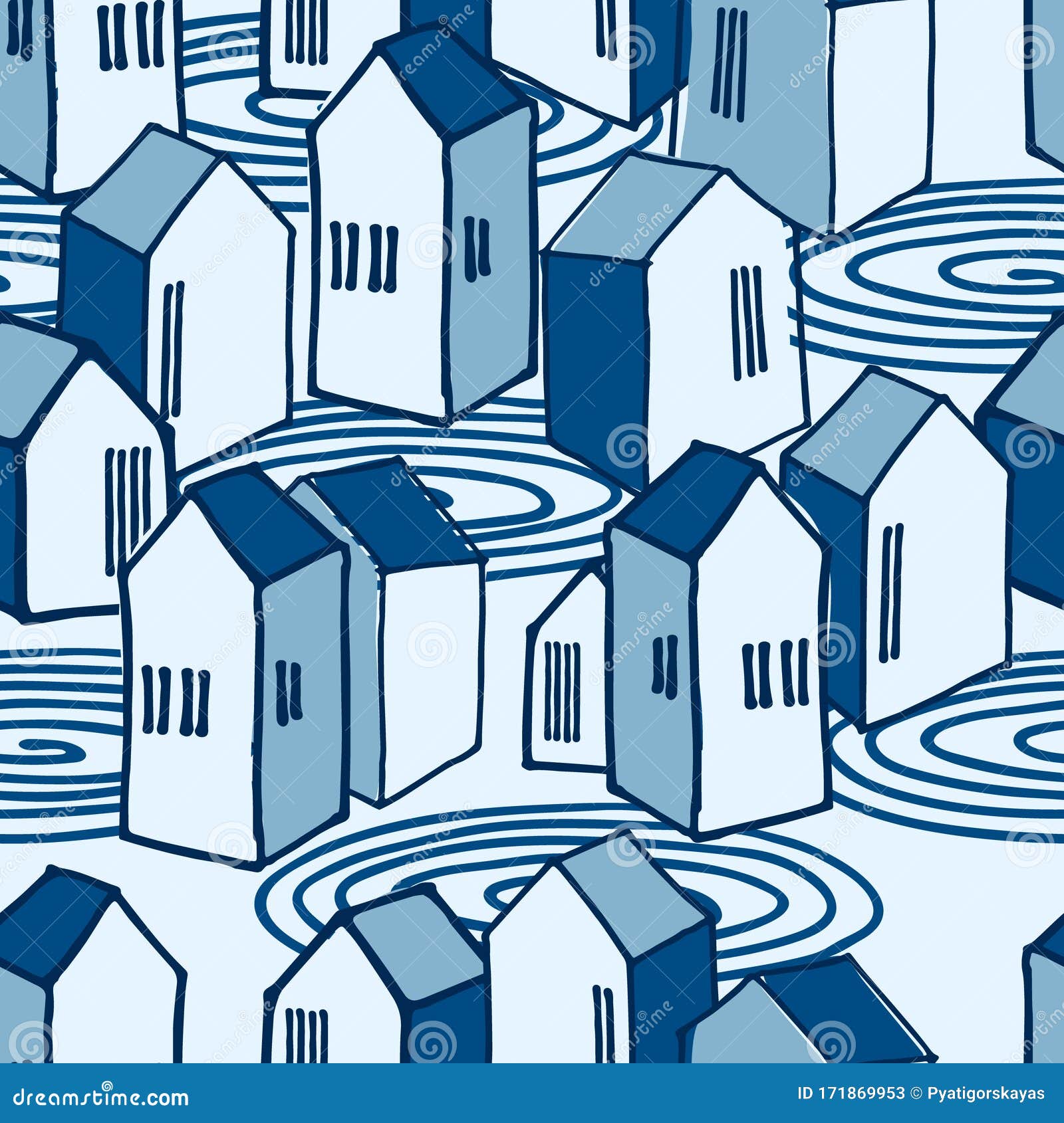 Seamless Pattern, Urban Landscape Theme in Blue Palette, for Surface ...