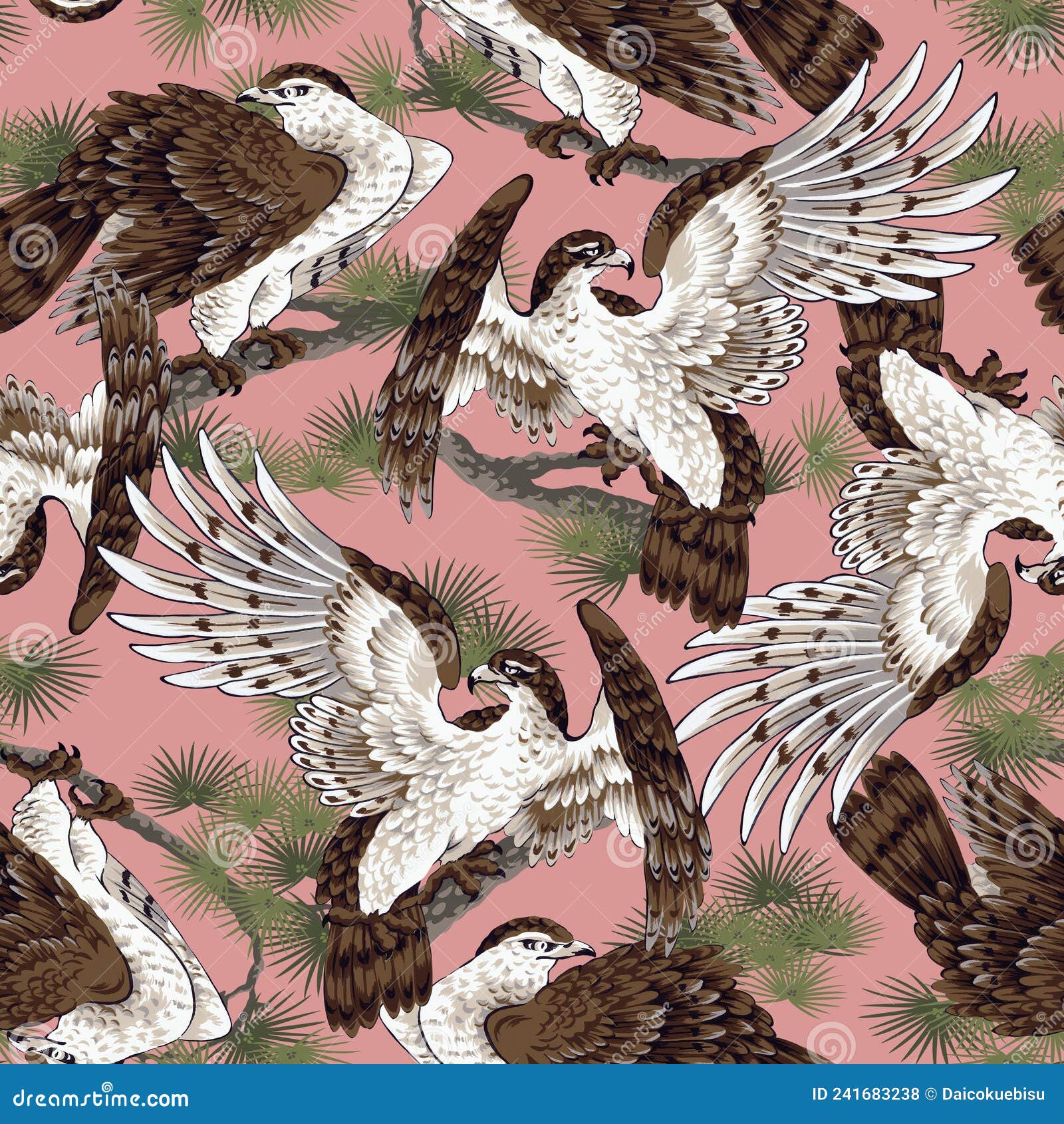 A Seamless Pattern of Japanese-style Hand-painted Hawks, Stock ...