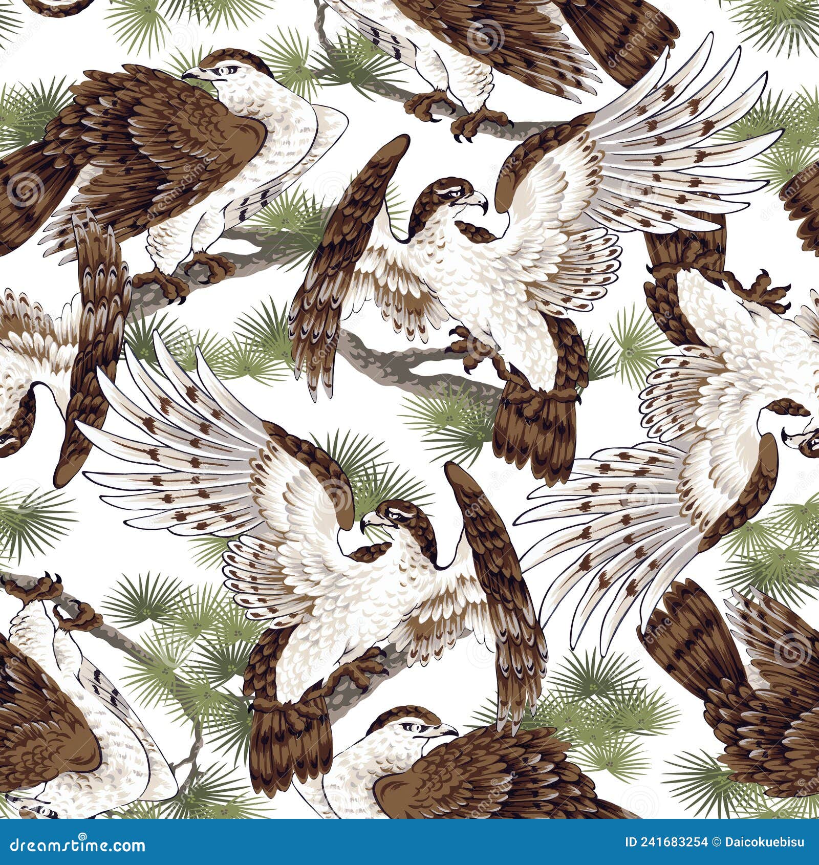 A Seamless Pattern of Japanese-style Hand-painted Hawks, Stock ...