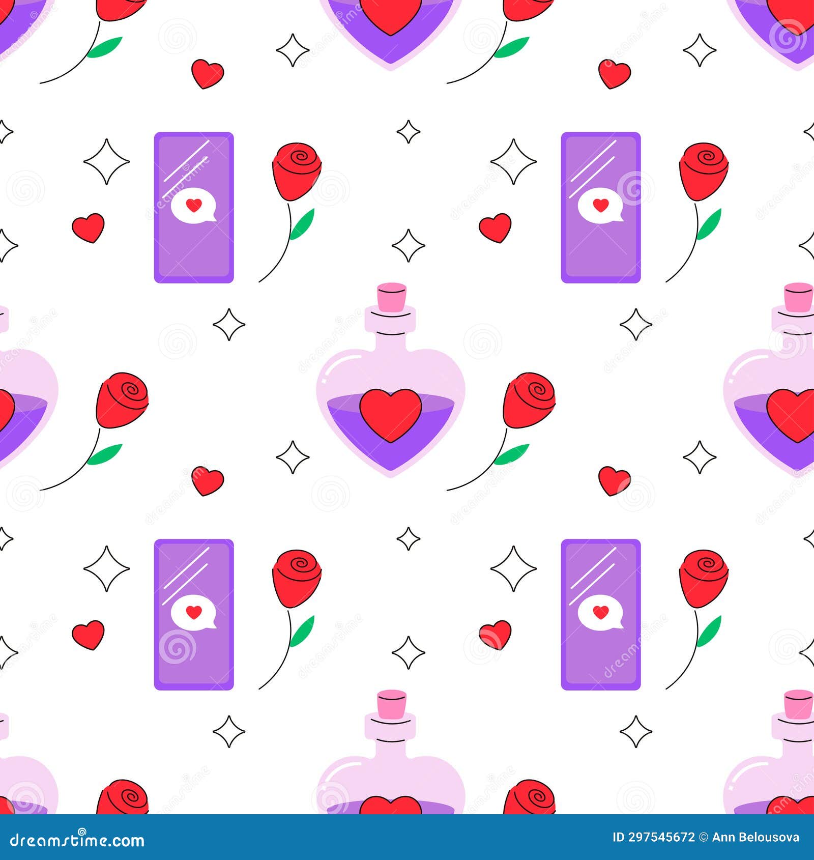 Seamless Pattern, Valentine S Day, Love Potion, Rose Stock Illustration - Illustration of bottle ...