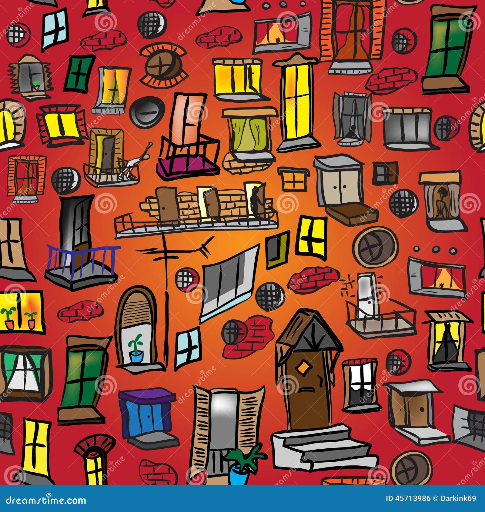Seamless Pattern of a Variety of Windows, Doors and Balconies Stock ...