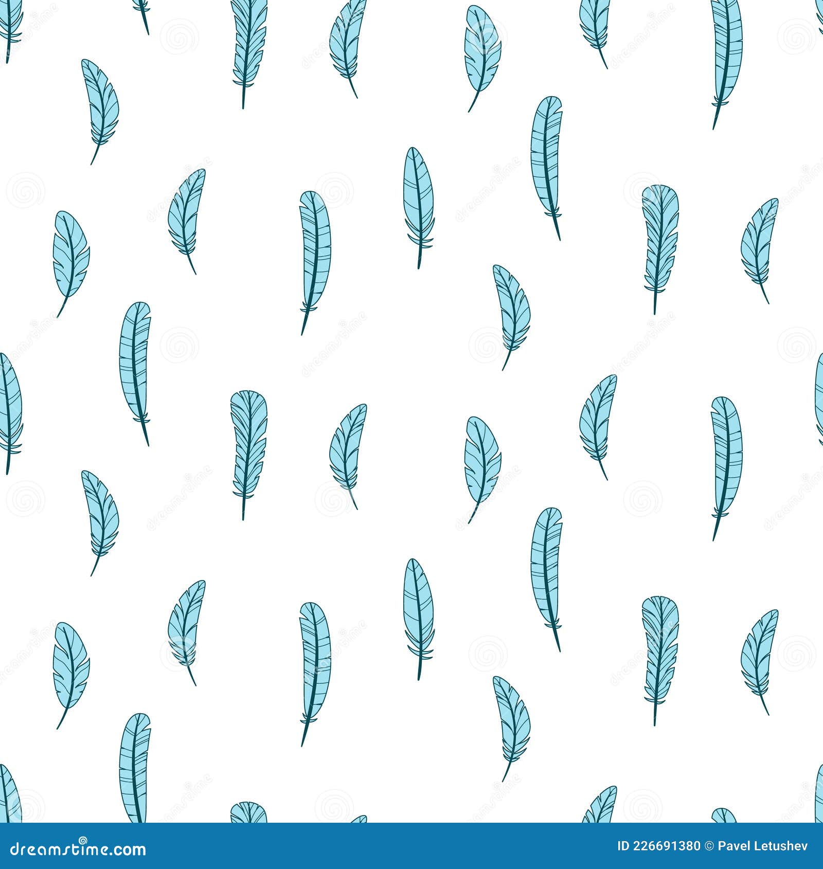 Seamless Pattern of Various Blue Feathers on a White Background. Color ...