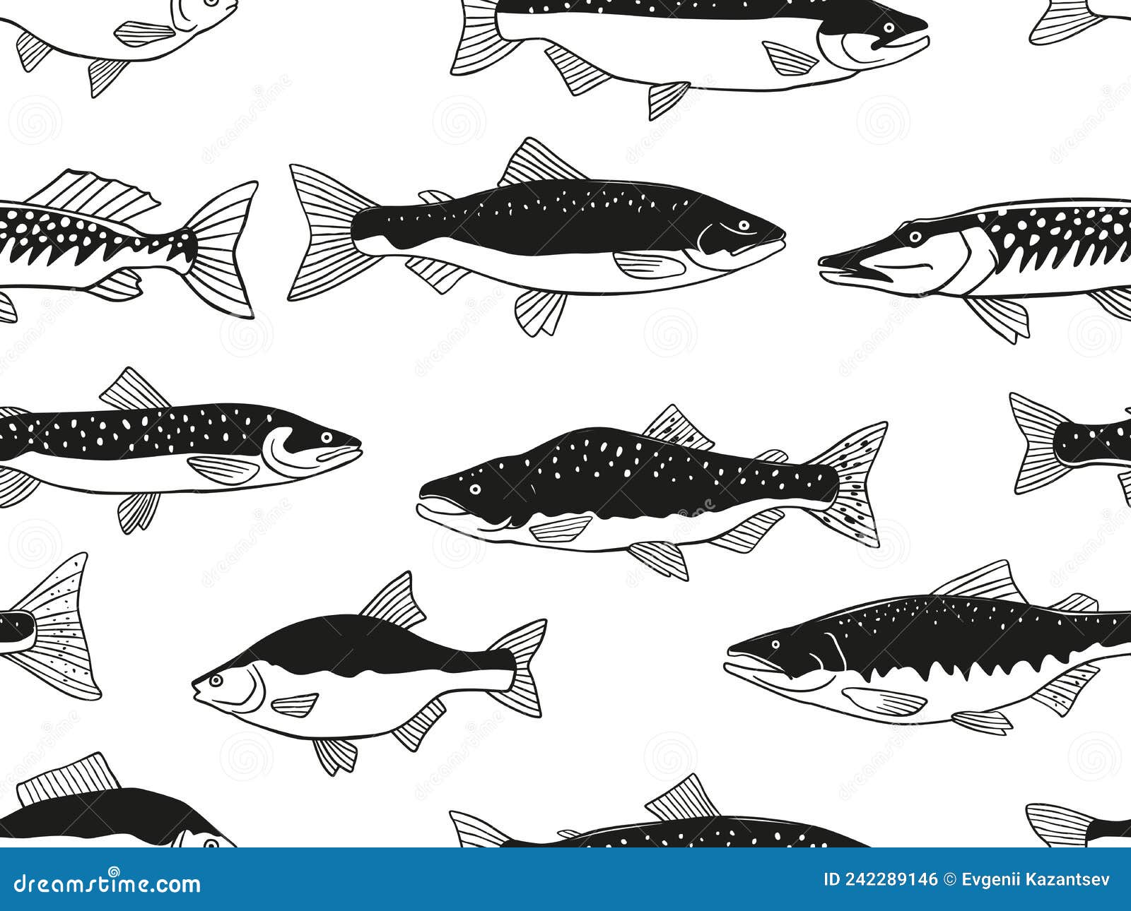 Seamless Pattern Various Fish. Vector Black and White Graphics Stock ...