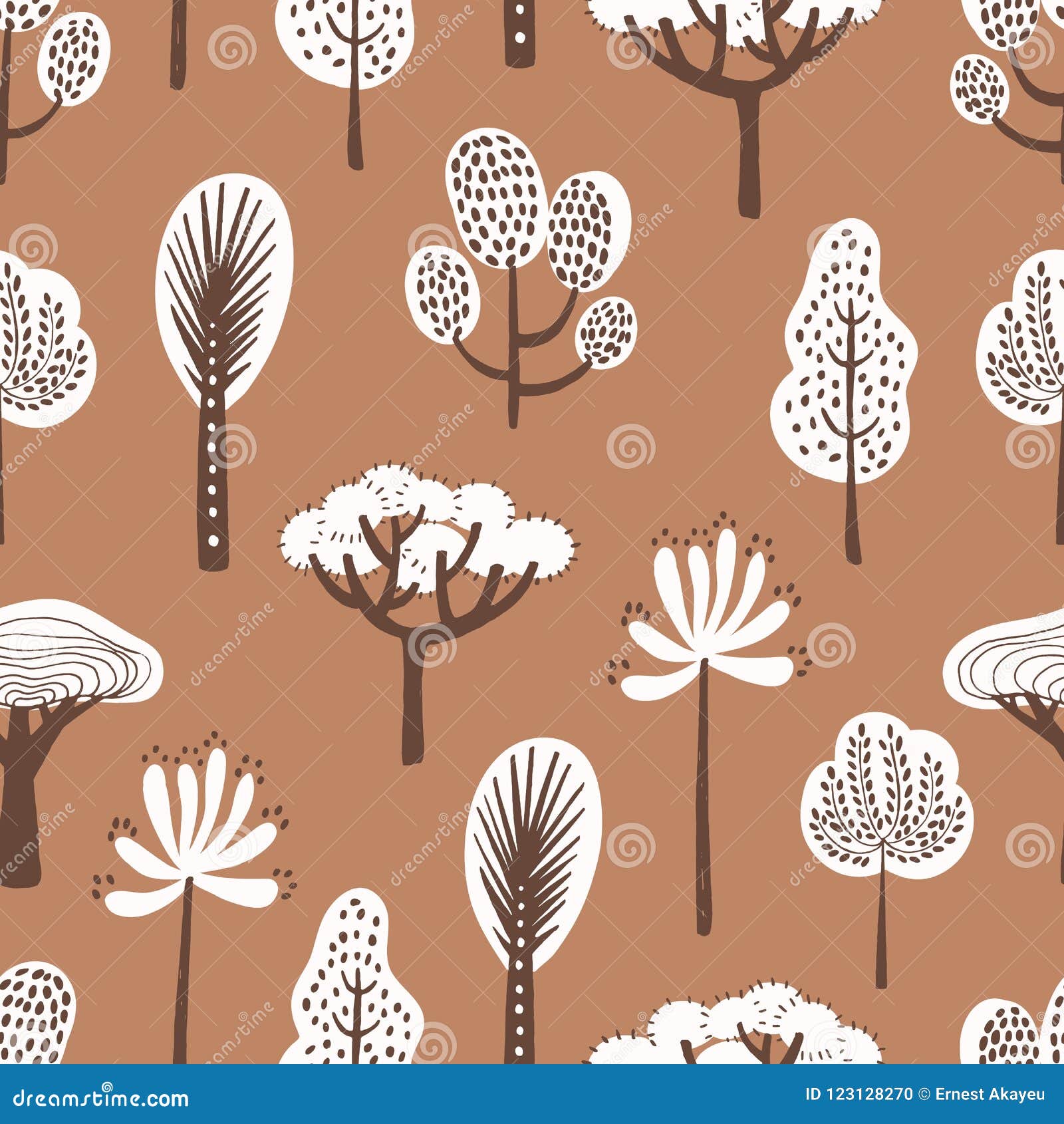 Seamless Pattern With Various Hand Drawn Trees On Brown Background ...