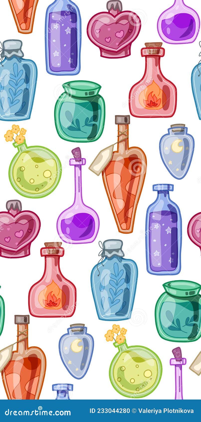 Seamless Pattern with Various Magical Potions, Poisons and Antidotes ...