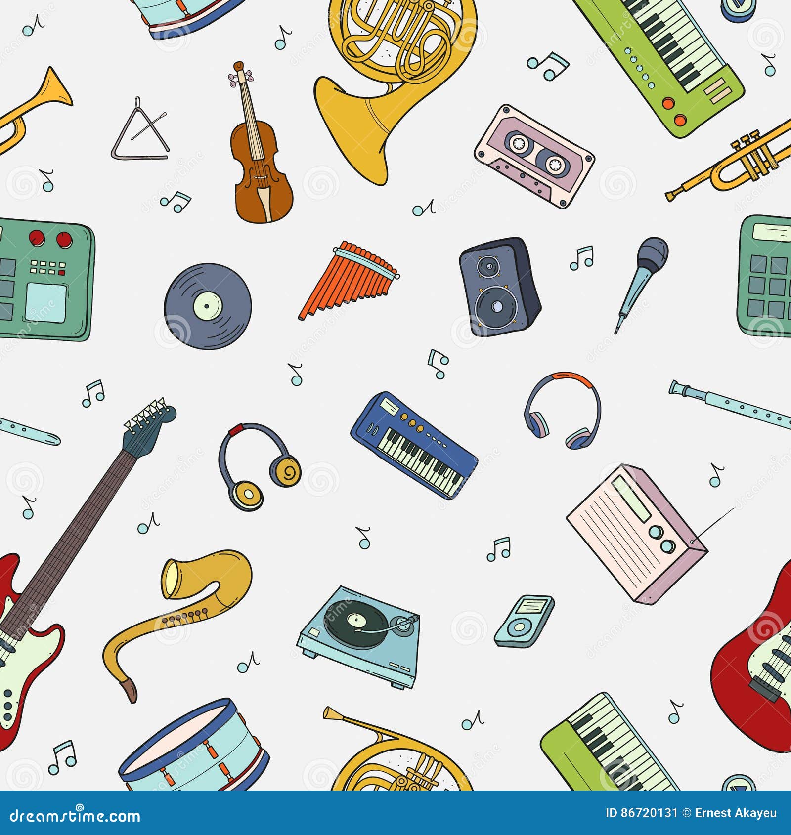 Seamless Pattern with Various Musical Instruments, Symbols, Objects and ...