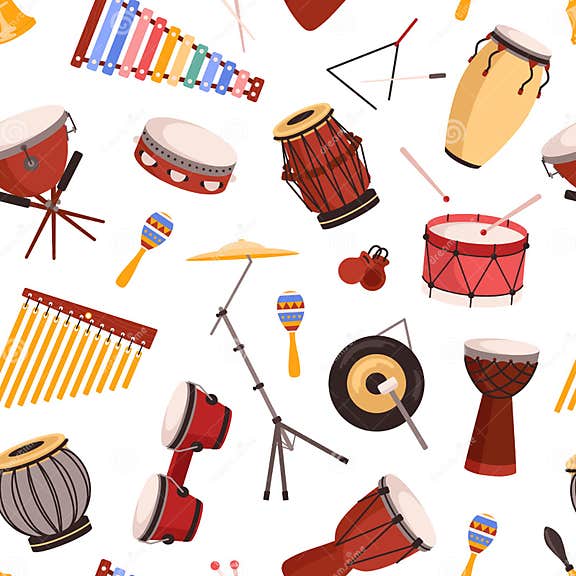 Seamless Pattern with Various Percussion Instruments Flat Style Stock ...