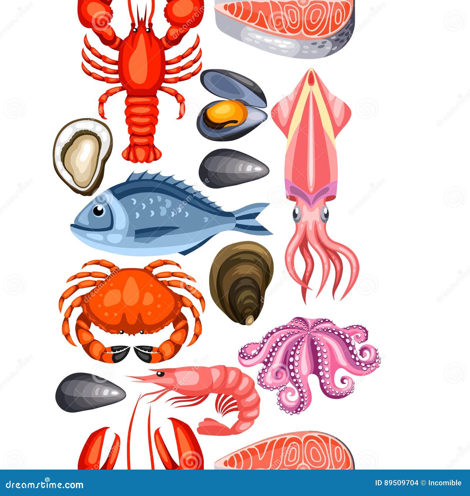 Seamless Pattern with Various Seafood. Illustration of Fish, Shellfish ...