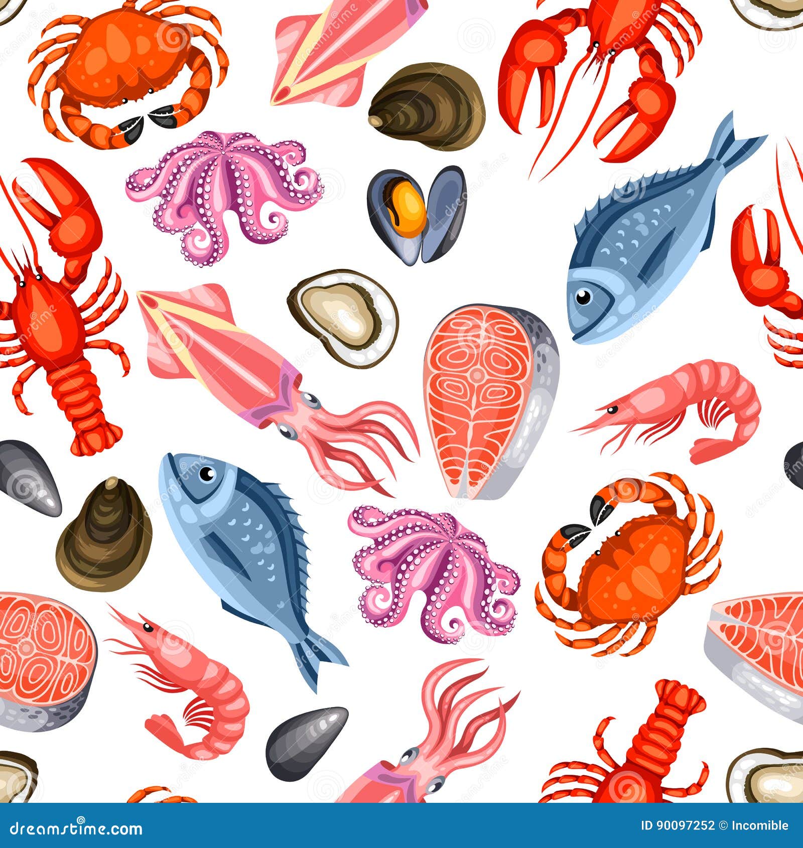 Seamless Pattern with Various Seafood. Illustration of Fish, Shellfish ...