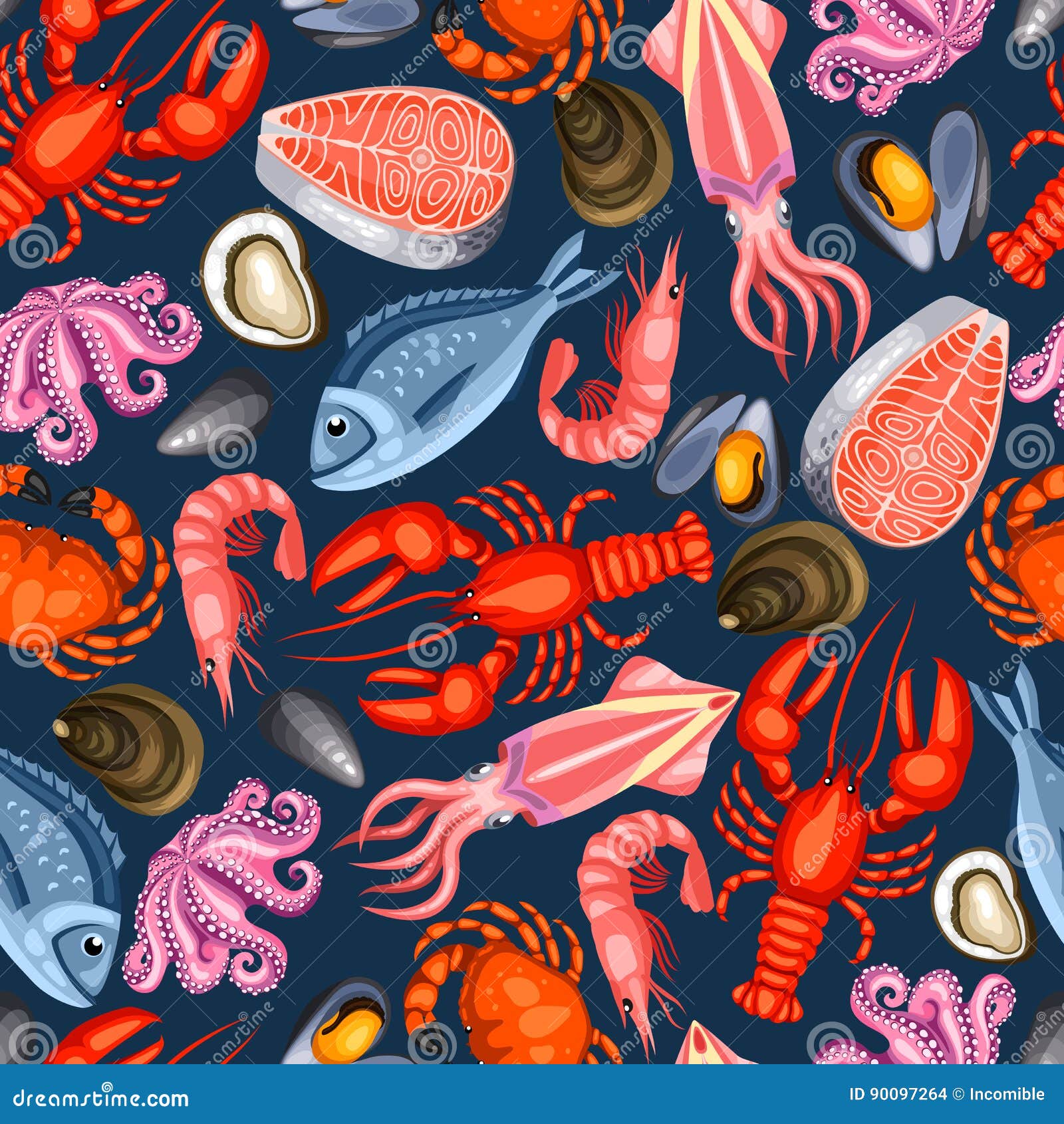 Seamless Pattern with Various Seafood. Illustration of Fish, Shellfish ...