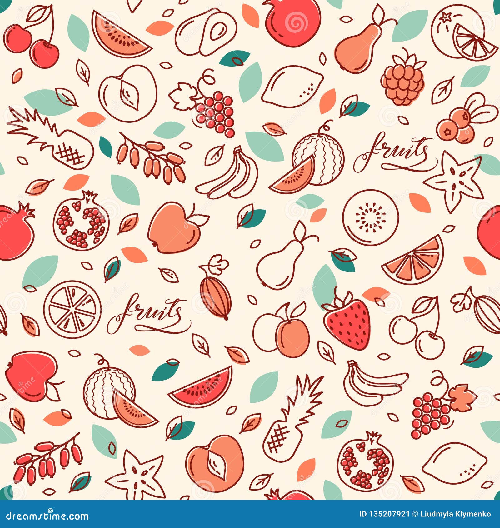 Seamless Pattern Of Various Vector Fruits Background With Color