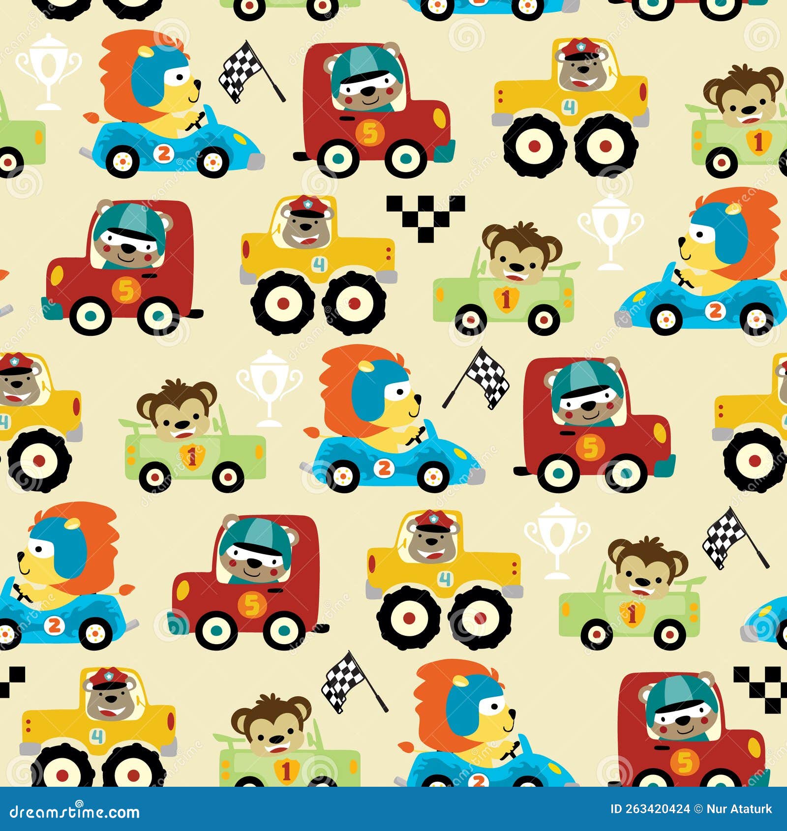 Seamless Pattern Vector of Car Racing Cartoon with Funny Animals Racer ...