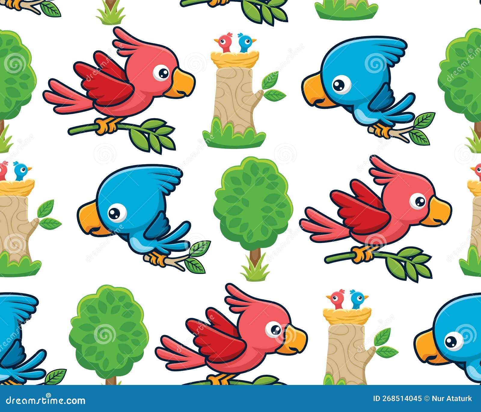 Seamless Pattern Vector of Cartoon Birds with it Cubs in Nest on Tree ...