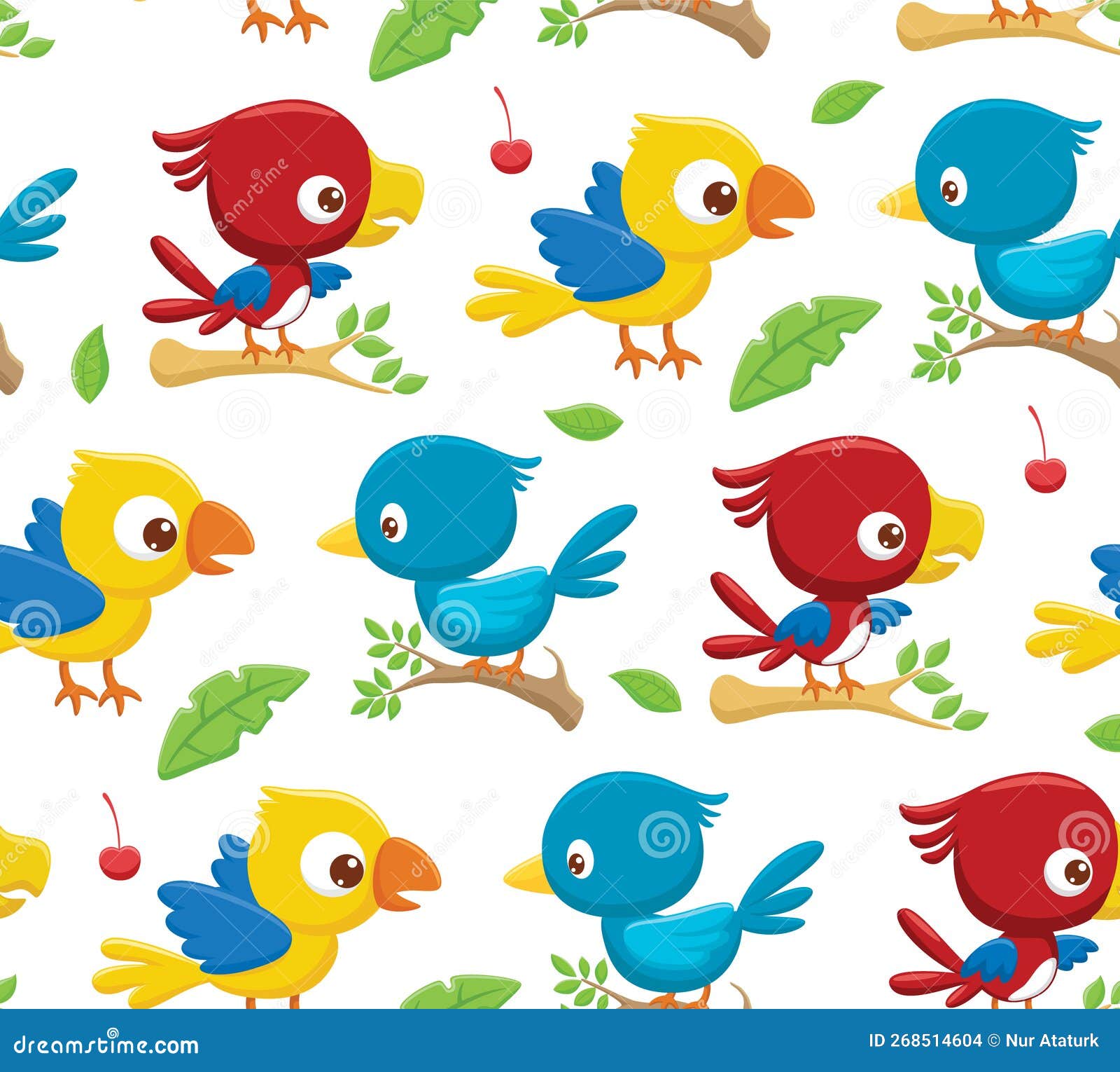 Seamless Pattern Vector of Cartoon Colorful Birds Perch on Tree ...