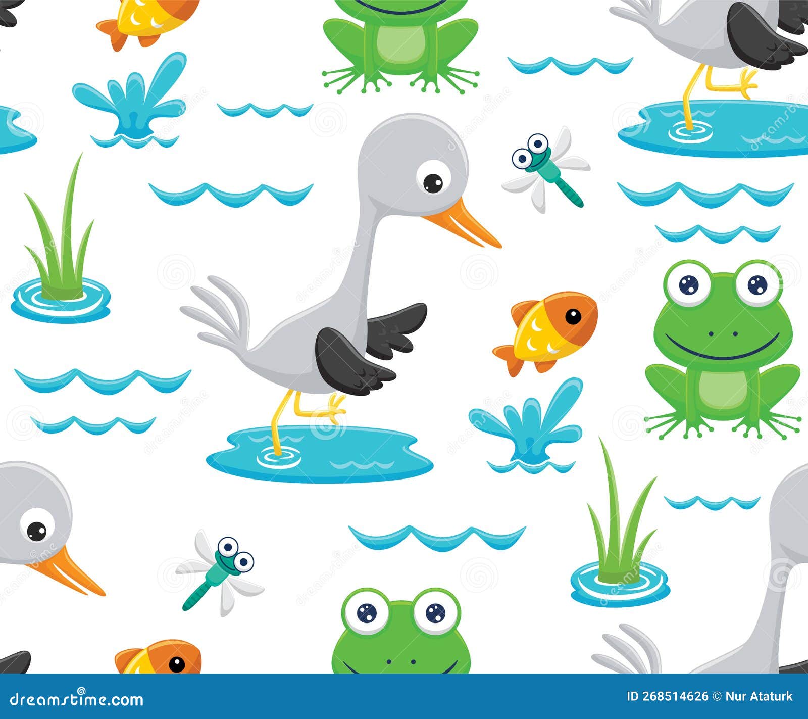 Seamless Pattern Vector of Cartoon Funny Swamp Animals, Swamp Elements ...