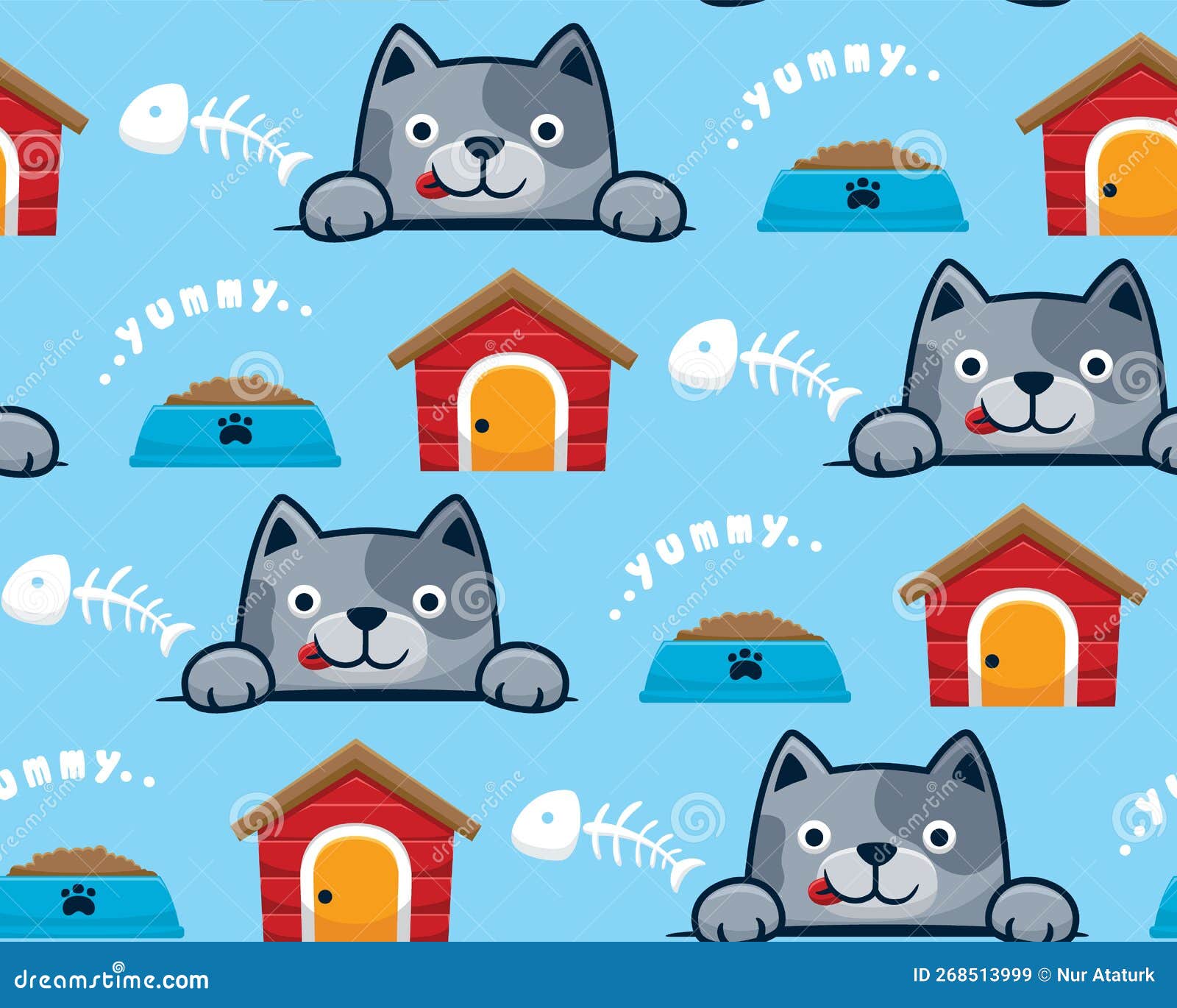 Seamless Pattern Vector of Cartoon Kitten with Pet Elements ...