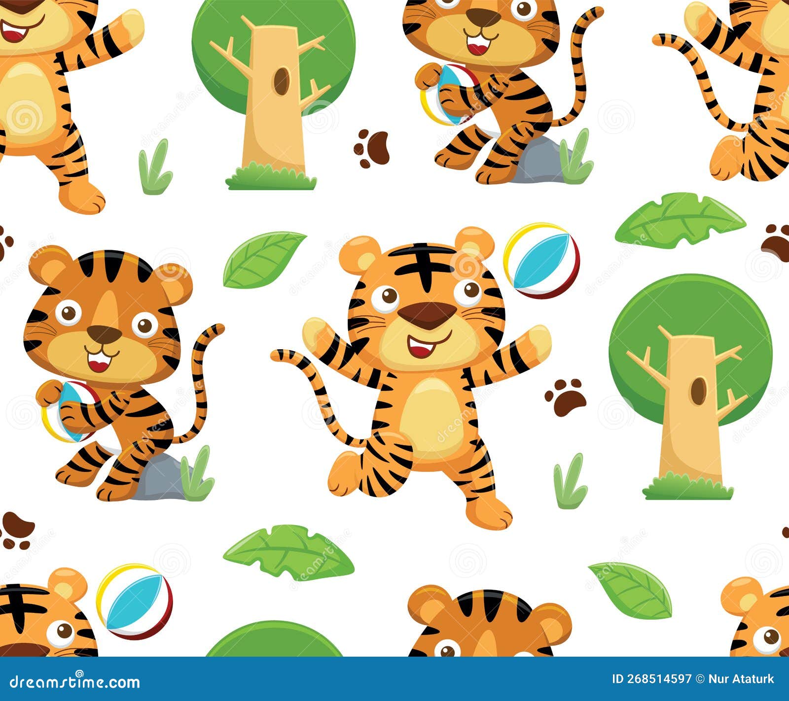 Seamless Pattern Vector of Cartoon Tiger Playing Ball, Trees and Leaves ...