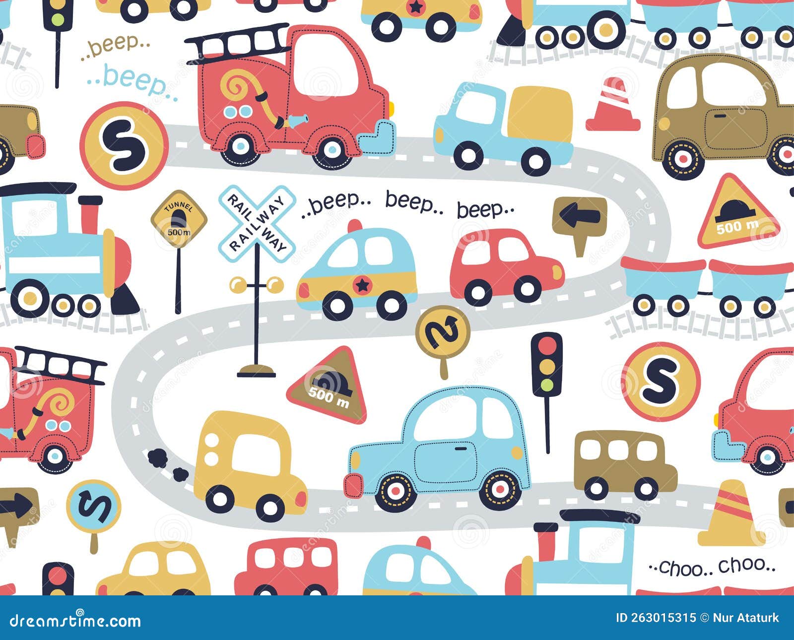 Seamless Pattern Vector of Colorful Vehicles Cartoon, Traffic Elements Illustration Stock Vector ...