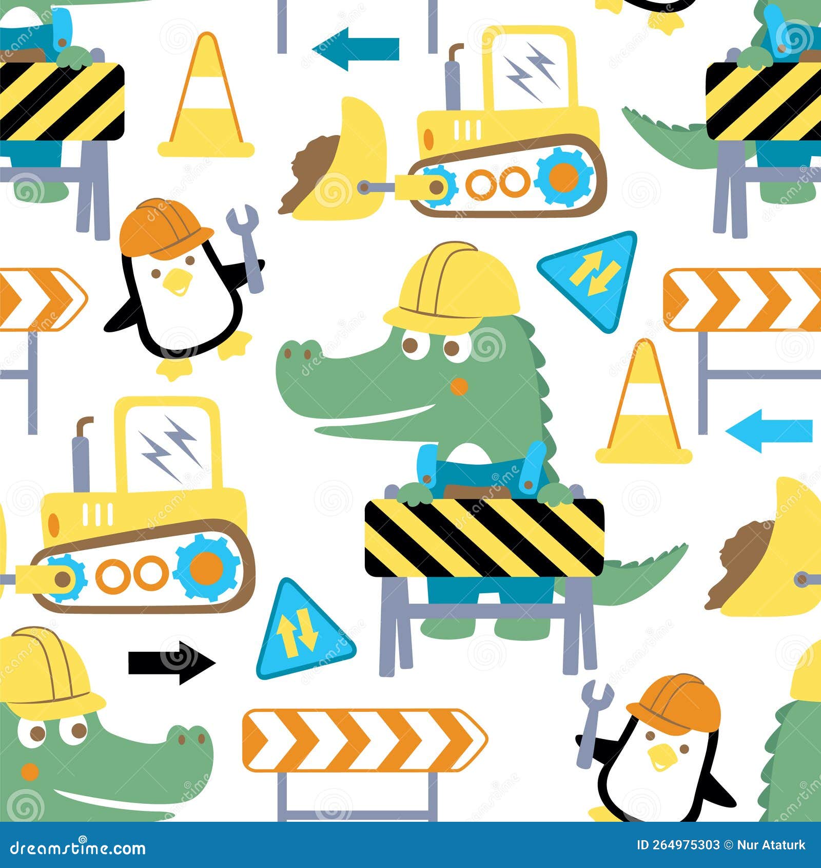 Seamless Pattern Vector of Construction Elements Cartoon with Funny ...