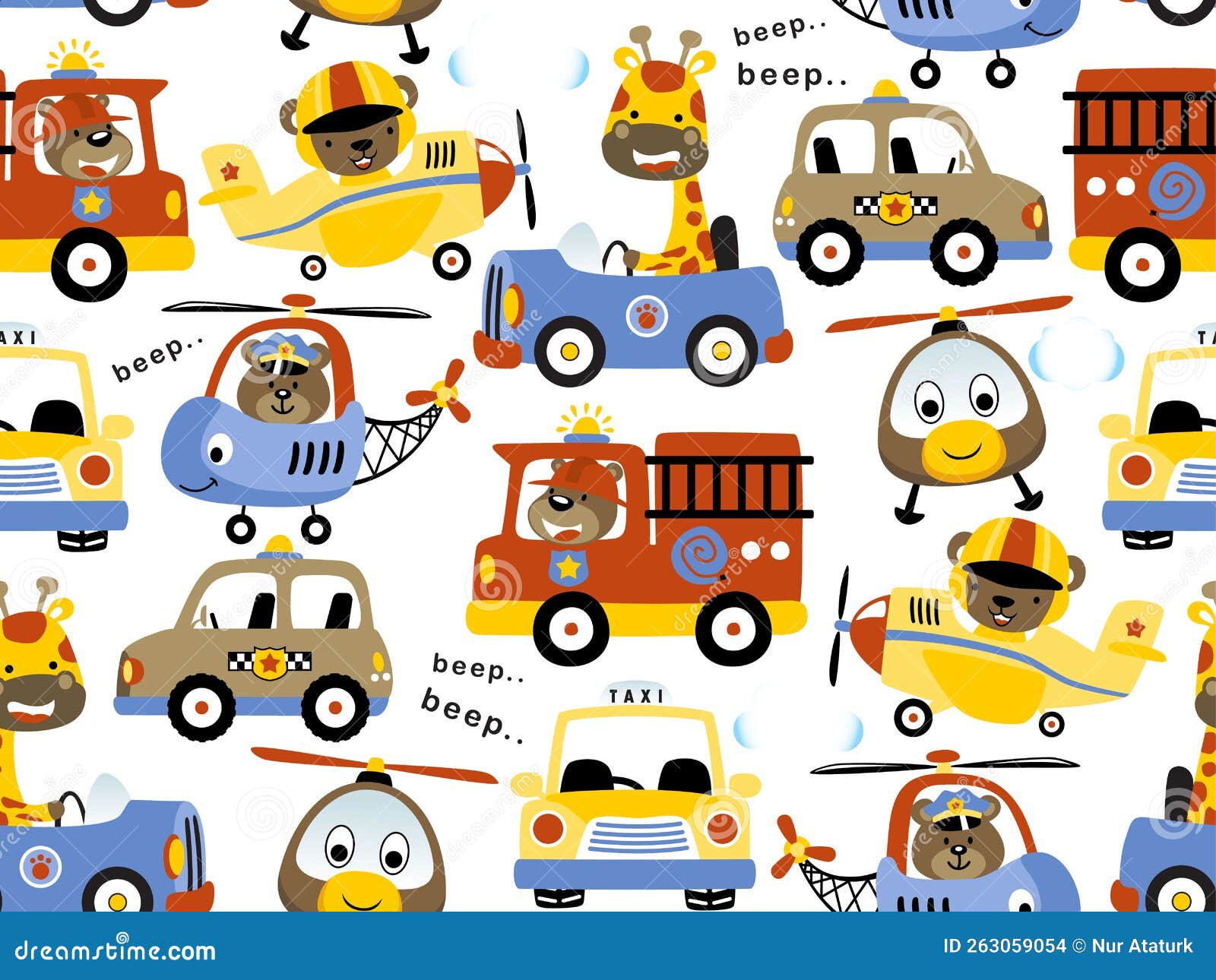 Seamless Pattern Vector of with Cute Animals Driving Vehicles Stock ...