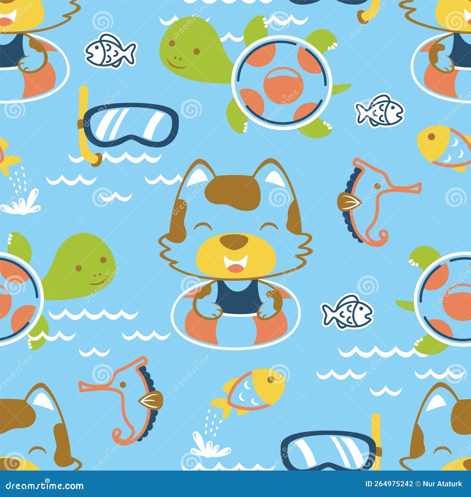 Seamless Pattern Vector of Cute Cat with Marine Animals Swimming ...
