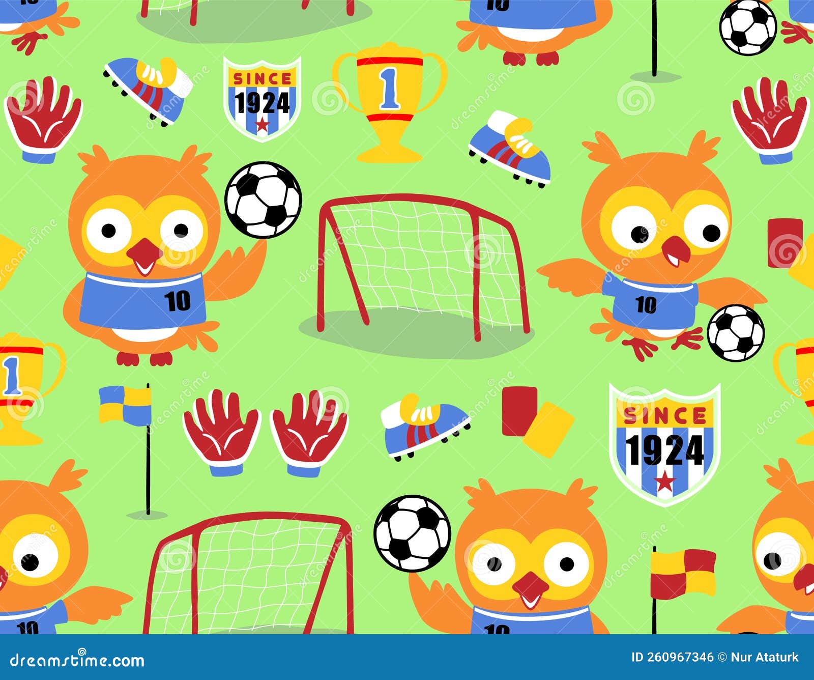 Seamless Pattern Vector of Cute Owl Playing Soccer, Soccer Elements ...