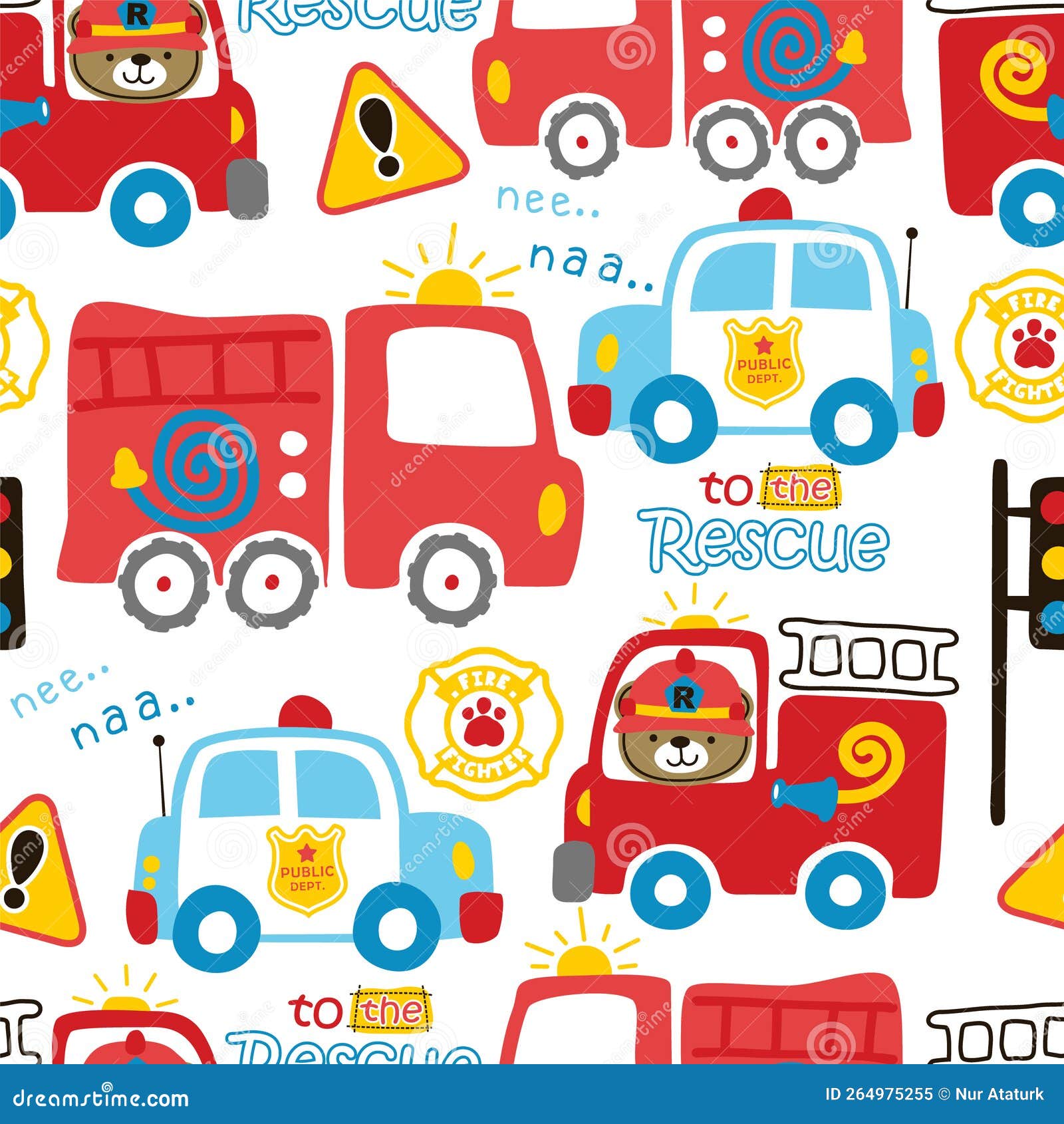 Seamless Pattern Vector of Emergency Vehicles Cartoon, Firefighter with ...