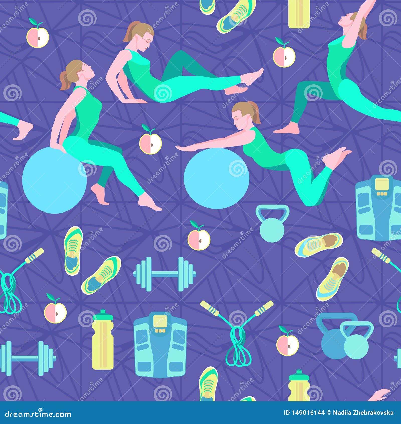 Seamless Pattern with Vector Flat Illustration. Women Sports, Yoga and ...