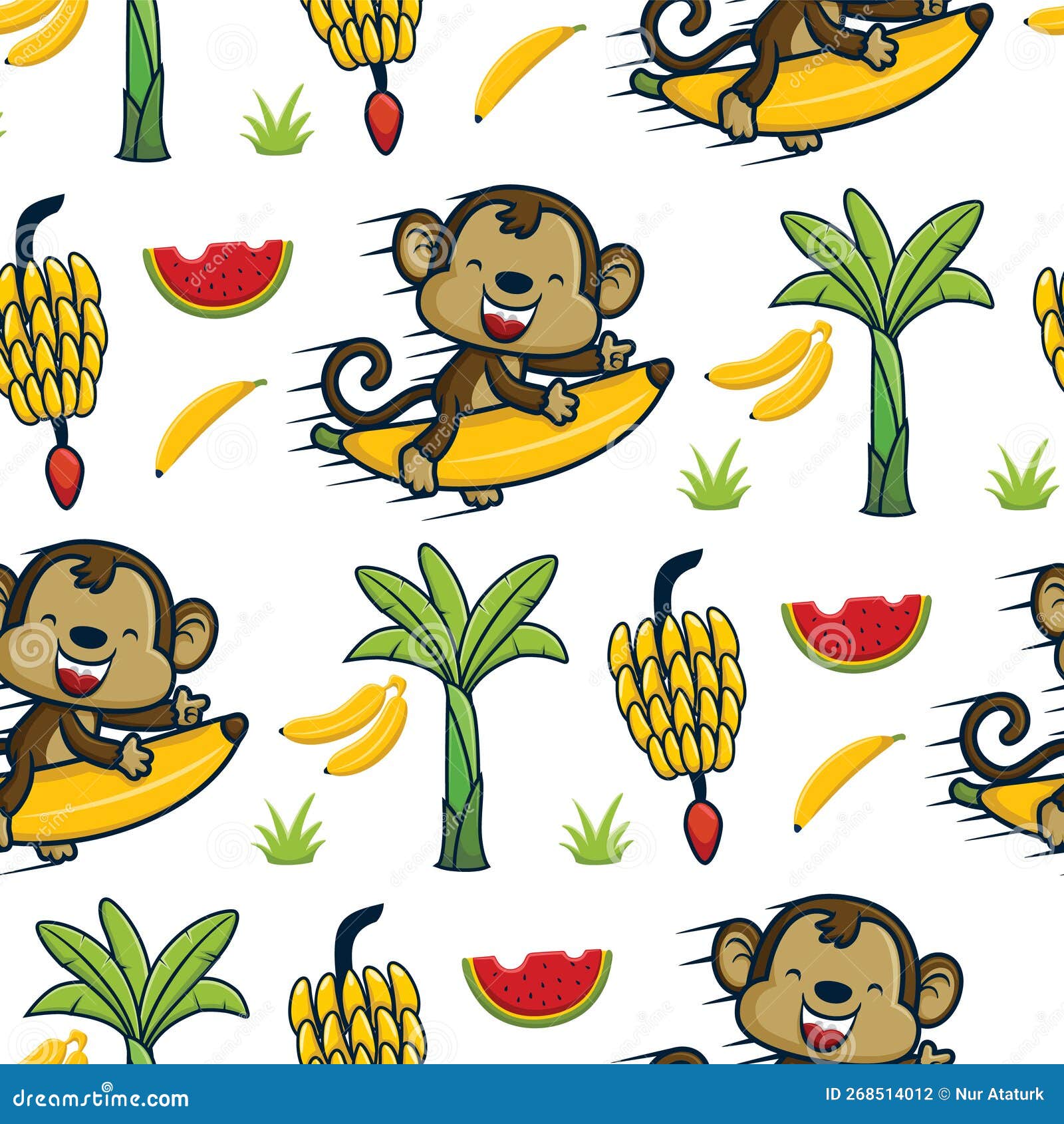 Seamless Pattern Vector of Funny Monkey Riding Flying Banana, Banana ...