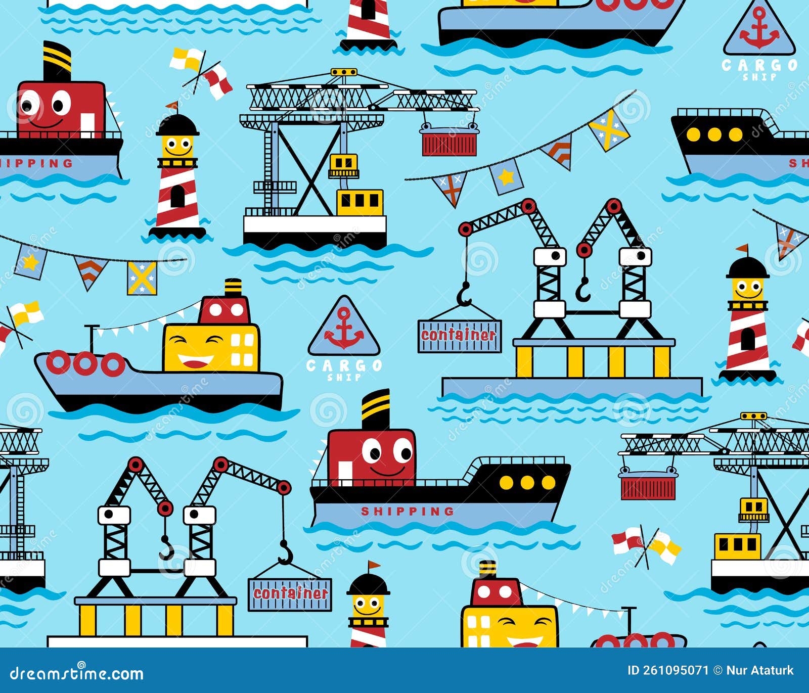 Seamless Pattern Vector of Funny Ships Cartoon in the Busy Port. Port ...