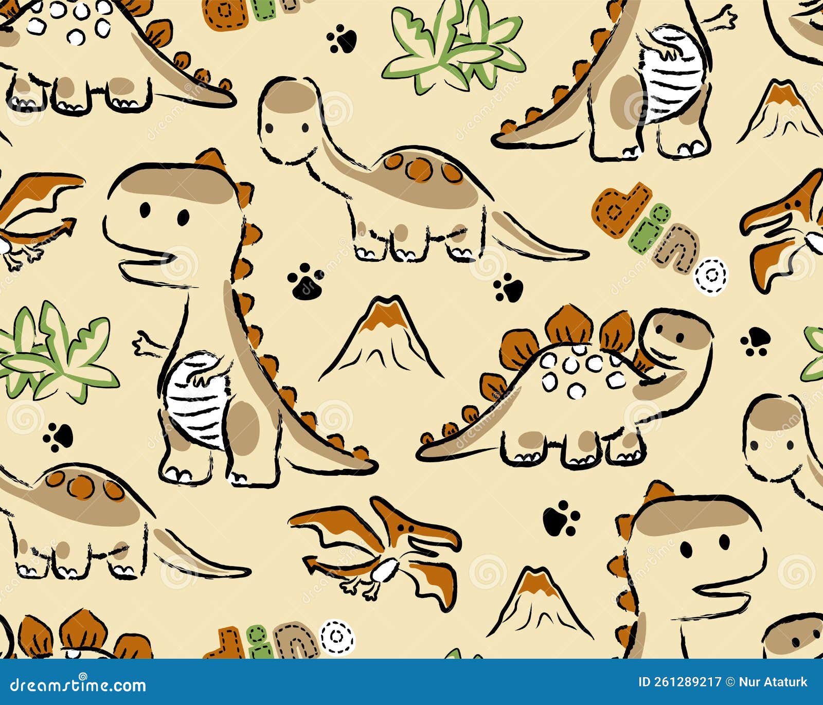 Seamless Pattern Vector of Hand Drawn Dinosaurs Cartoon, Prehistoric ...