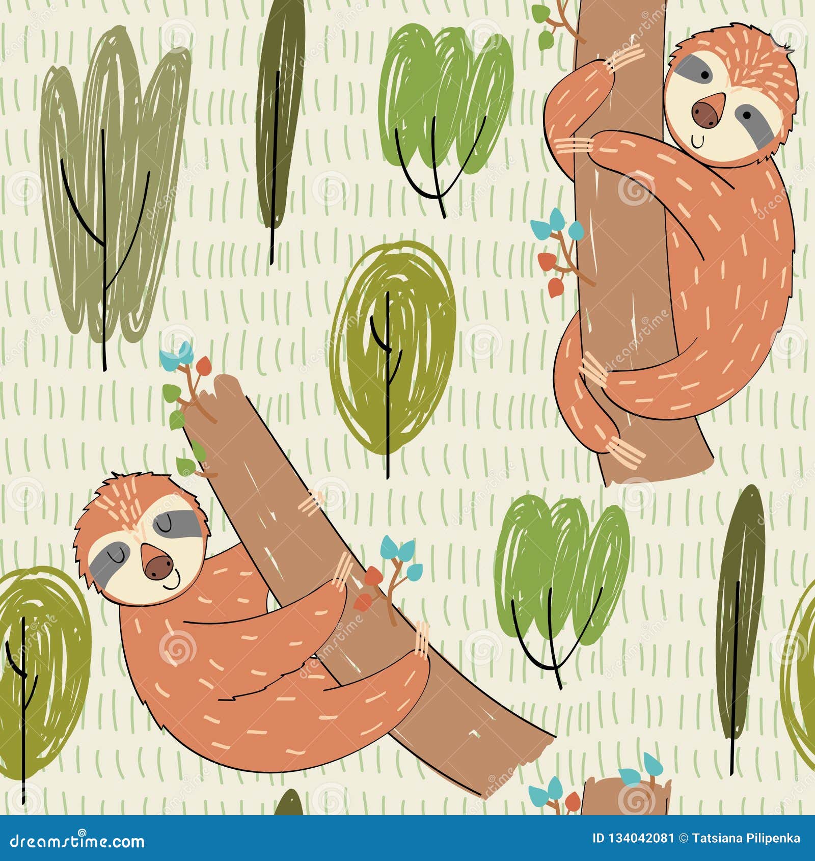 Funny Sloths. Cute Hand Drawn Lazy Animals, Funny Tropical Mammals ...