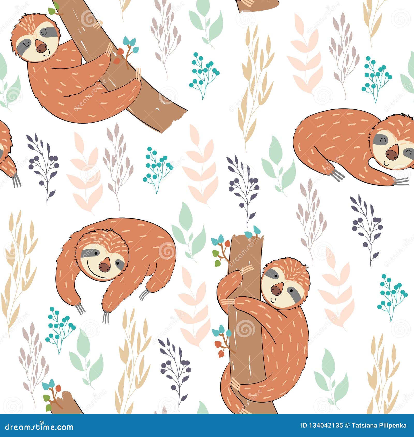 Funny Sloths. Cute Hand Drawn Lazy Animals, Funny Tropical Mammals ...