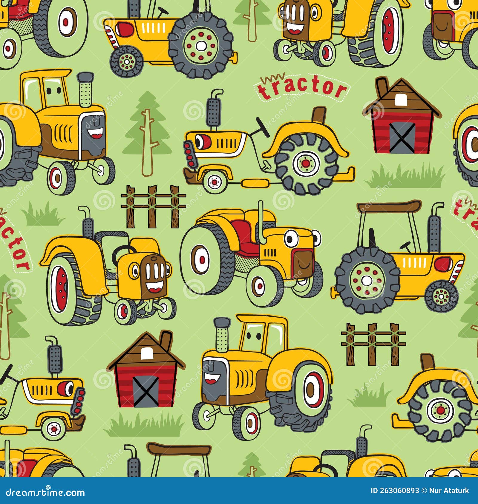 Seamless Pattern Vector of Hand Drawn Tractors Cartoon, Farming ...