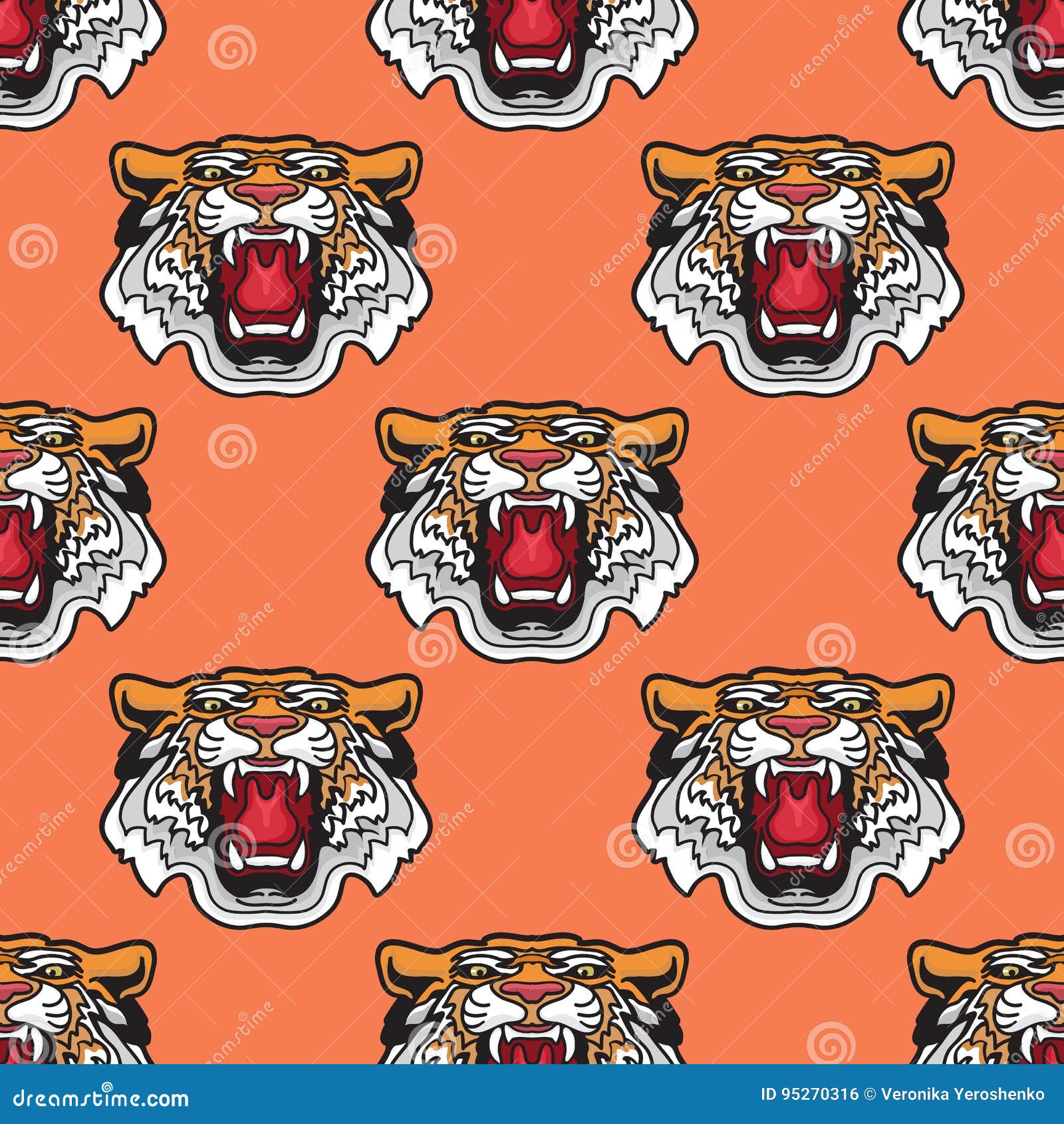 Seamless Pattern. Vector Illustration of Cartoon Tiger Head. Stock ...