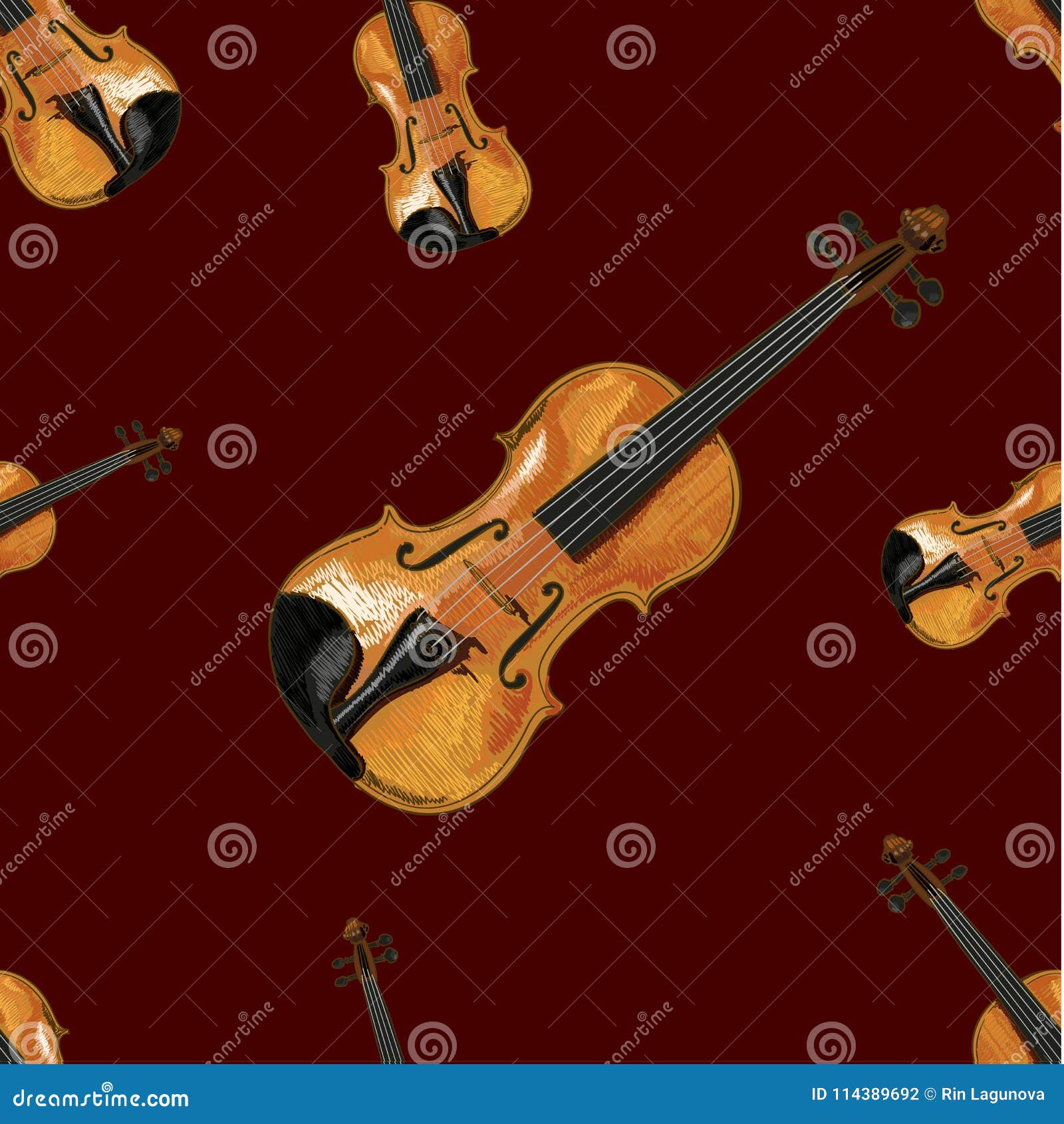 Seamless Pattern, VECTOR Ilustration, Violin on Dark Red Background ...