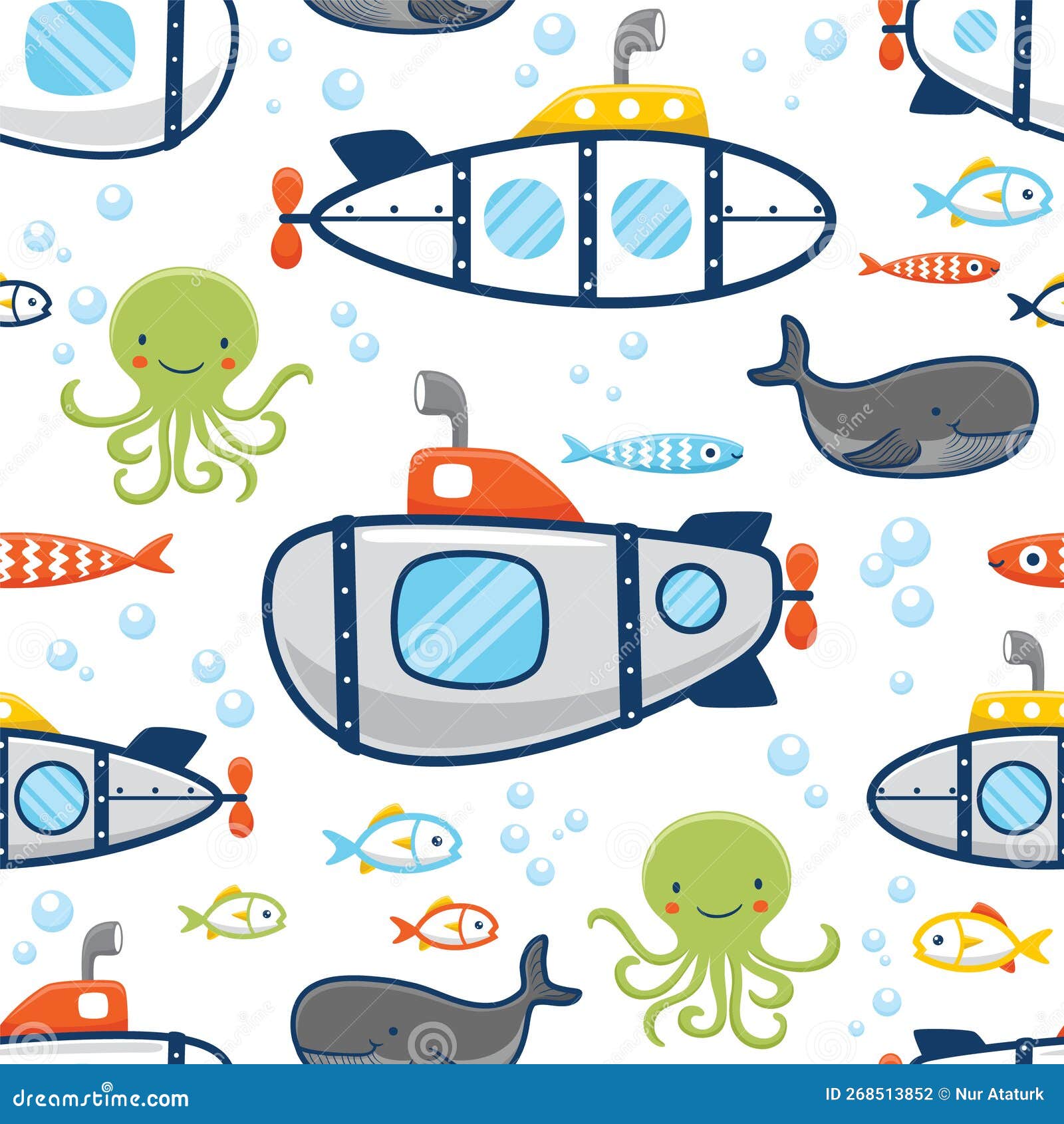 Seamless Pattern Vector of Submarine with Marine Animals, Undersea ...