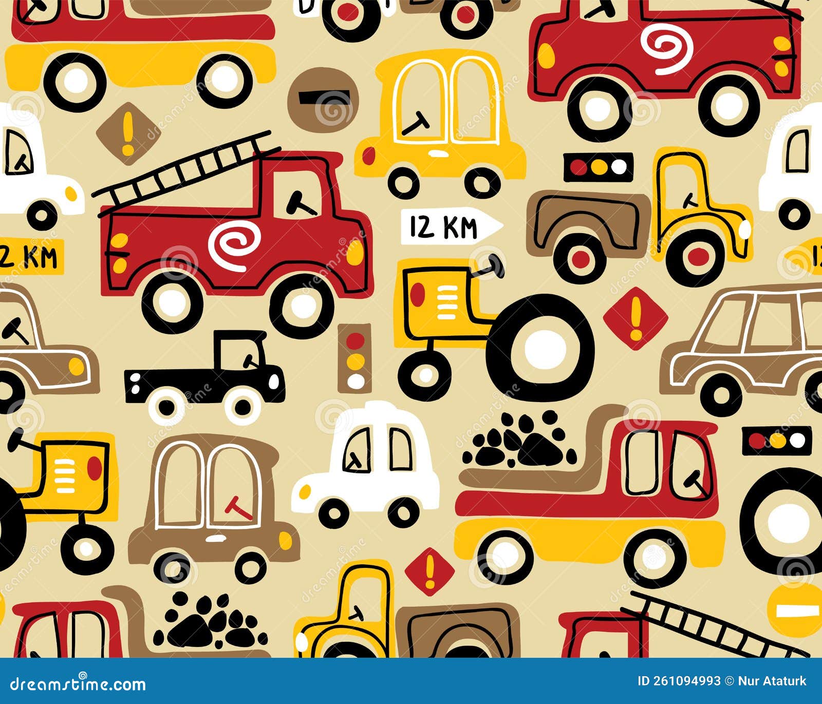 Seamless Pattern Vector of Vehicles Cartoon in Hand Drawn Style Stock ...